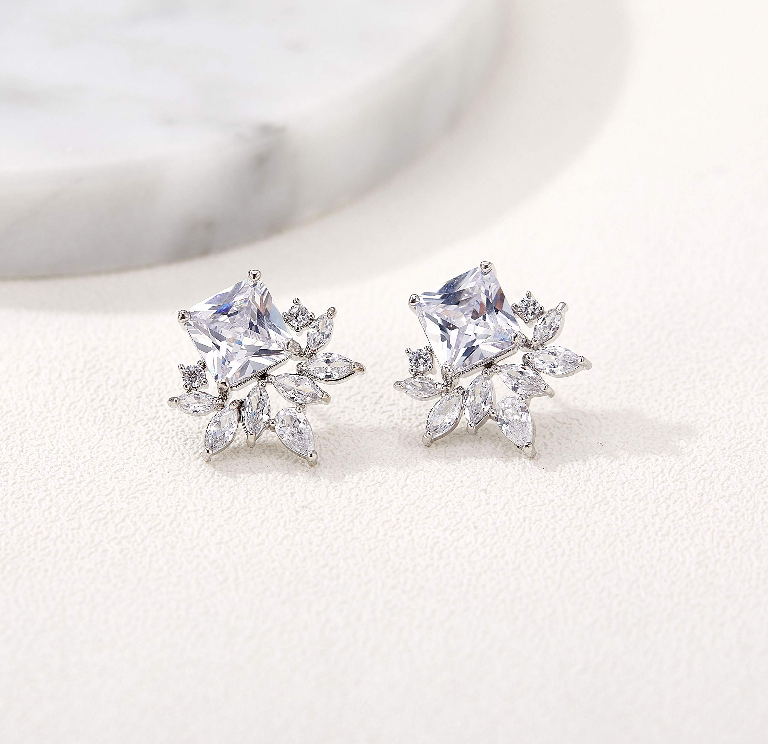 SWEETV CZ Cluster Bridal Wedding Bridesmaids Earrings, Crystal Stud Earrings for Women, Silver,Suitable for Ages 15+