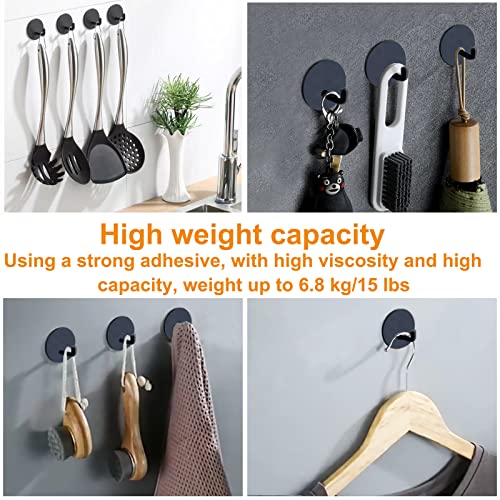 Yukrilt Black Adhesive Hooks - 8 Pack 15lb(Max) Sticky Wall Hooks for Hanging, Waterproof Rustproof Removable Stainless Steel Towel Hooks, Bathroom Kitchen Shower Heavy Duty Self Adhesive Hooks