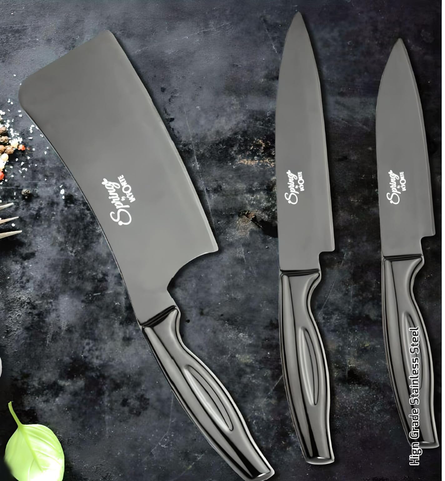 Spring Premium 03 Pcs Knife Set- Single Pcs Crafted No Joints- Extreme Sturdiness and Superior Longevity (Cleaver Knife Set, Chef Knife Set, Fruit Knife)