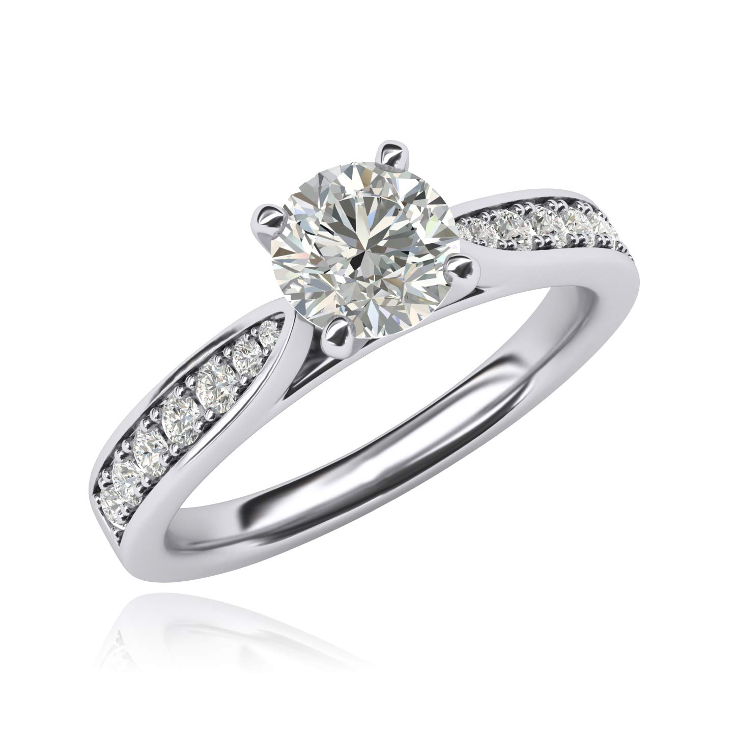 Women's Sterling Silver 1CT Classic 4-Prong Simulated Round Cut Diamond Engagement Ring With Graduated Side Stones (7.5)