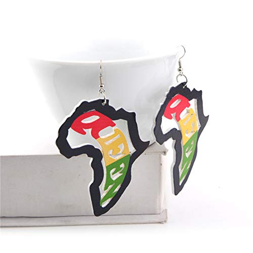 Women's Afrocentric Africa Map Text Wood Dangle Earrings Wooden Geometric Pendant Pierced Jewelry-alphabet