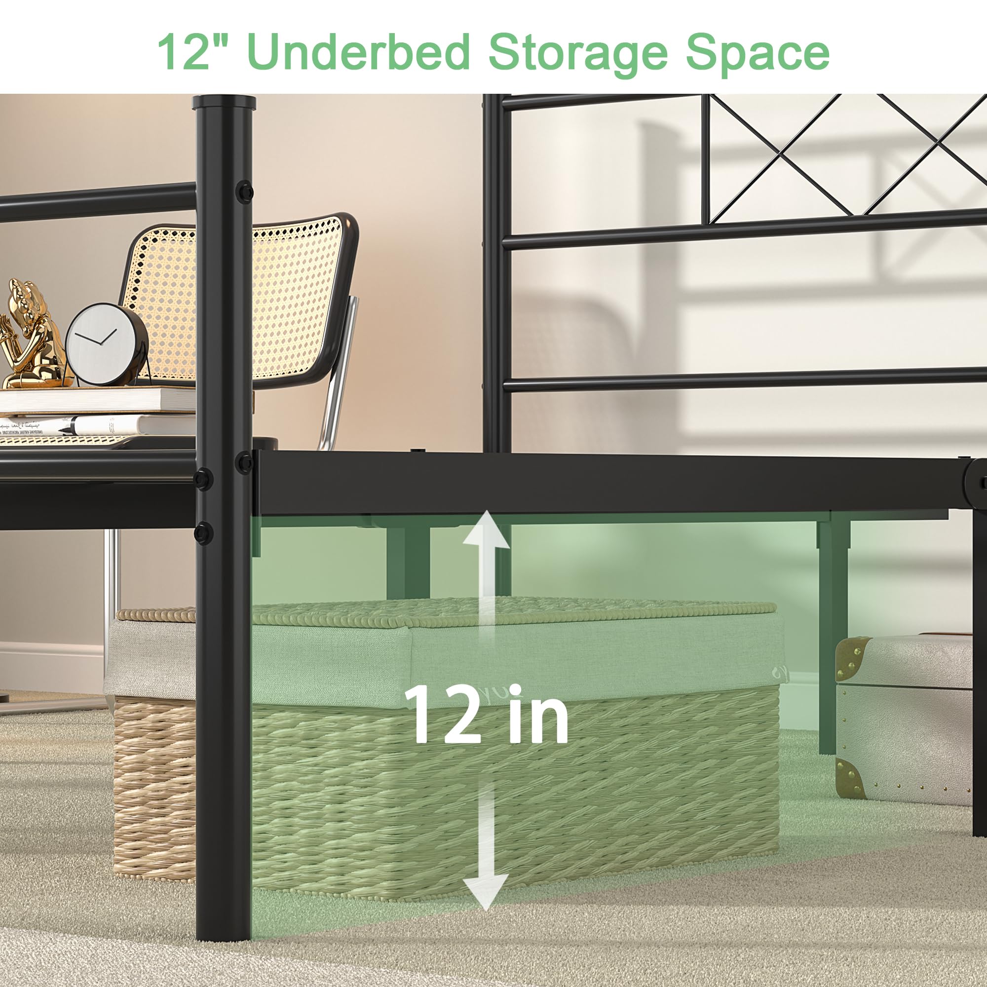 VECELO Queen Size Bed Frame with Headboard, Heavy-Duty Platform/Mattress Foundation with Metal Slats Support, No Box Spring Needed/Easy Assembly, Matte Black