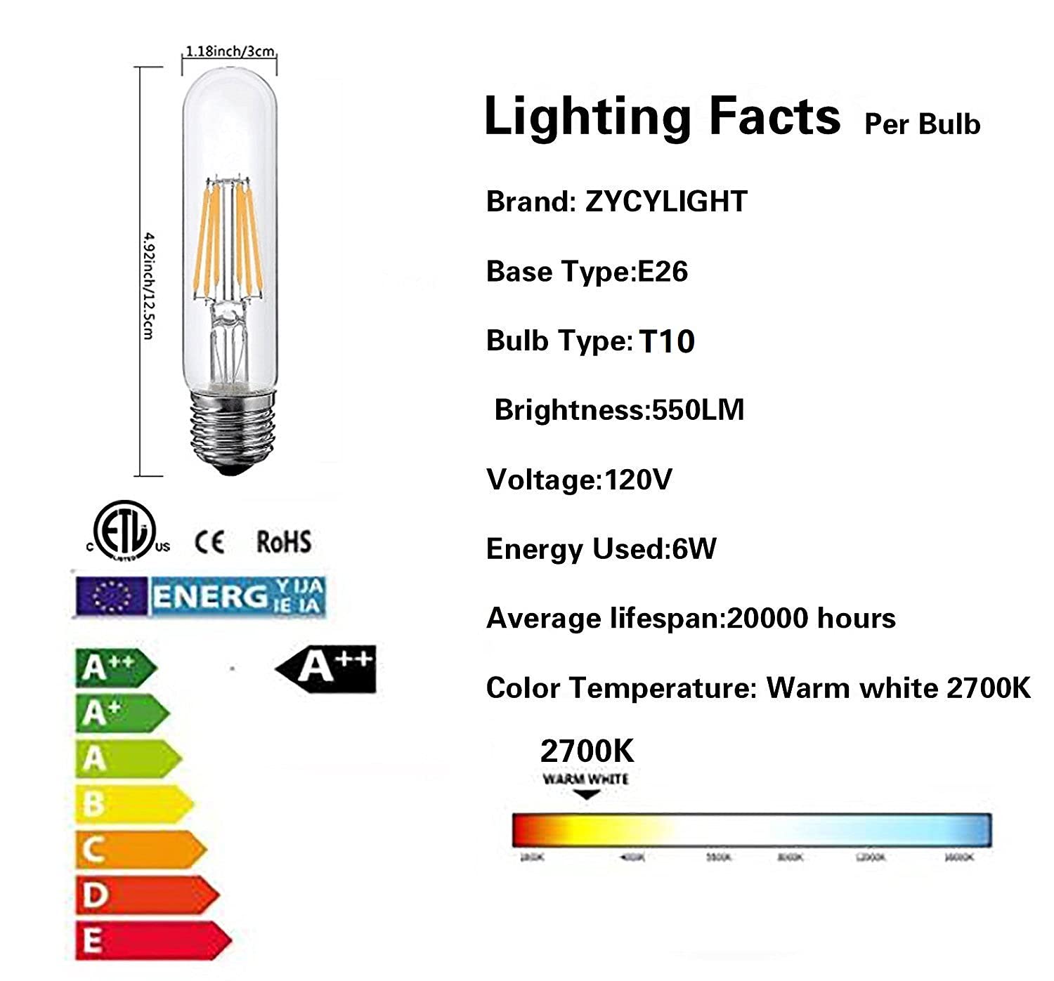 ZYCYLIGHT T10 6W Tubular LED Bulb, Dimmable Led Edison Bulb,Led Filament Bulb, T10 Nostalgic Led Bulb, E26 Medium Base, 60 Watt Bulb Equivalent, 2700K Warm White,550LM,Clear Glass Cover, 3-Pack