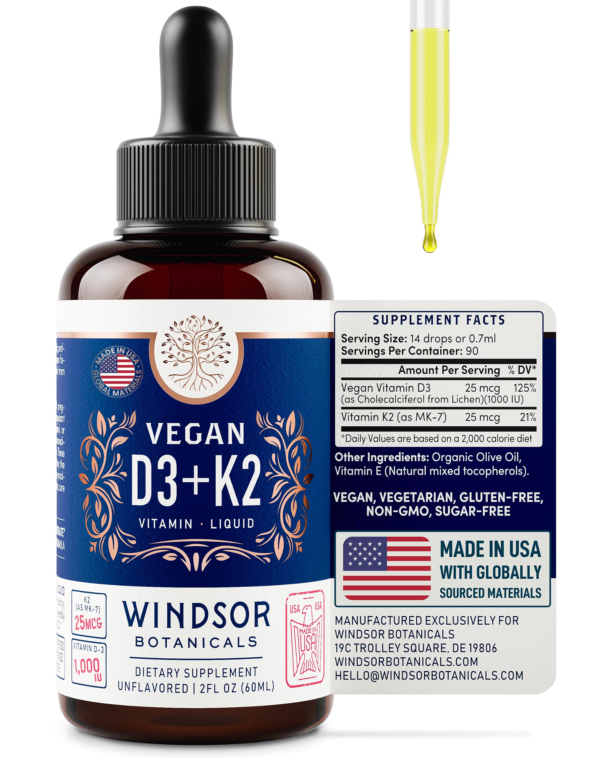 WINDSOR BOTANICALS Vitamin D3 K2 Vegan Liquid - Heart, Immune Function, and Brain Support Supplement - D3 1,000iu, K2 MK-7 25mcg Cruelty-Free Organic Olive Oil Drops - Unflavored - 90 Servings - 2oz