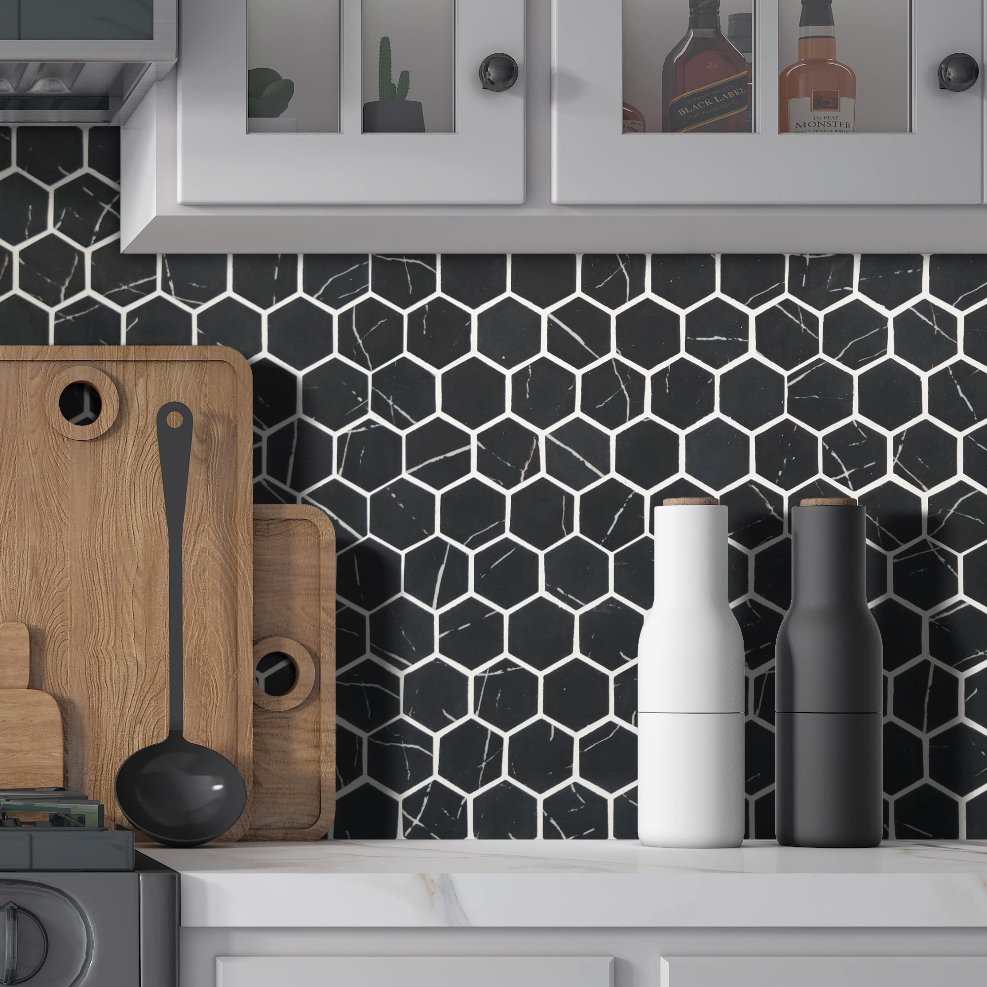 Sunwings Hexagon Tile for Shower Floor Border Kitchen Bathroom Backsplash. Black Marquina Marble Stone Looks Wall and Floor Tile, 10 Sheets,
