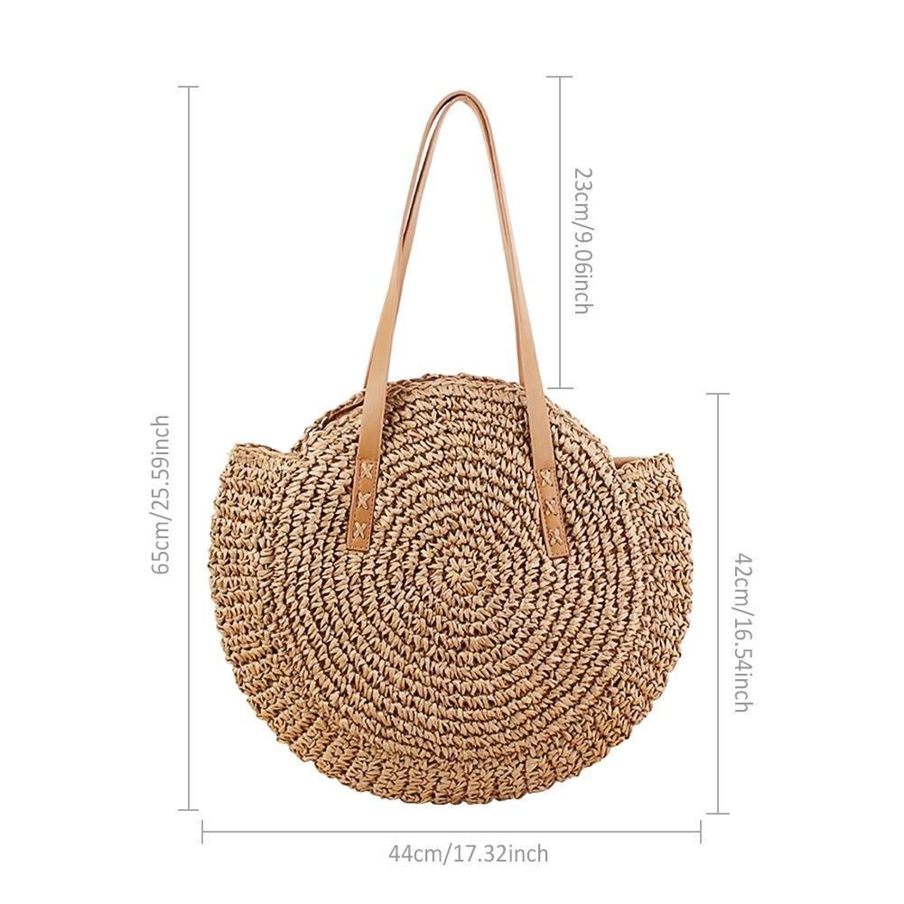 Women's Straw Handbags Large Summer Beach Tote Woven Round Pompom Handle Shoulder Bag(Khaki)