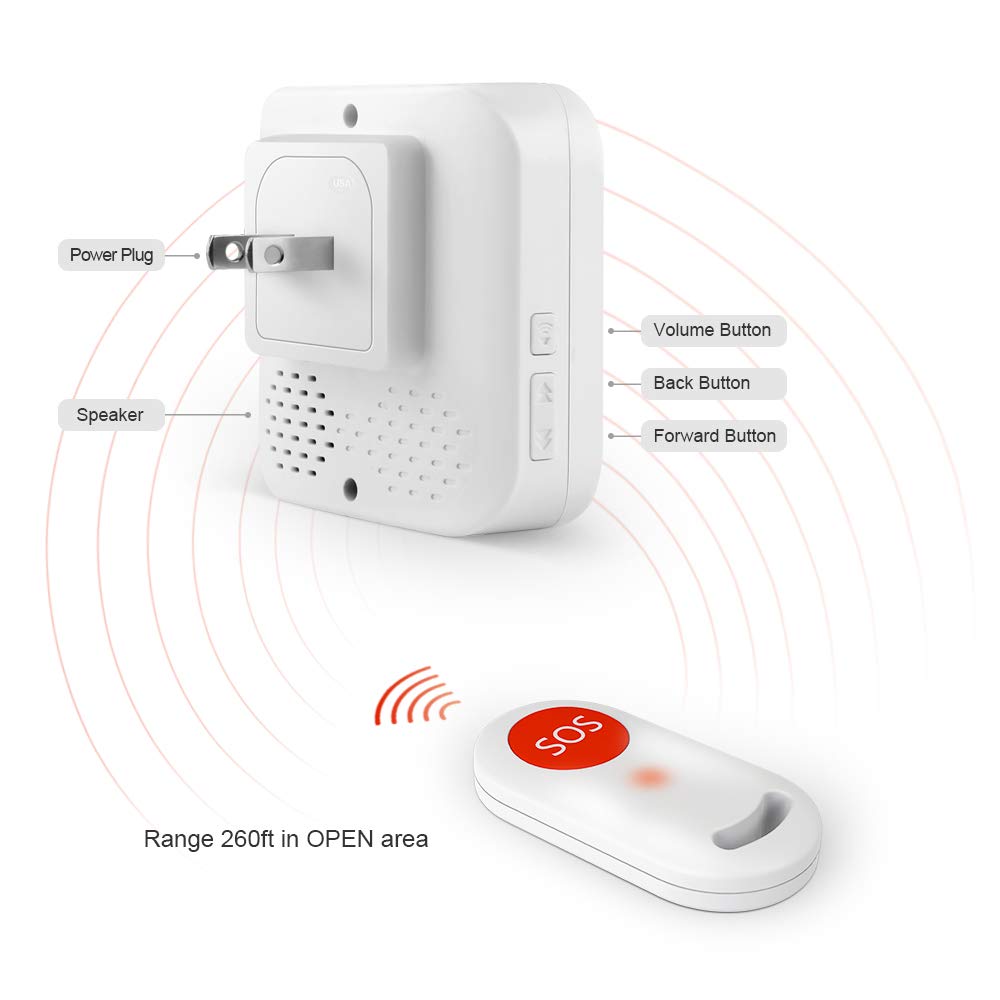Wireless Caregiver Pager Nurse Call Alert Caregiver Pager with IP55 Waterproof SOS Call Button for Caregiver Alert System with Neck Strap (2 SOS Button+1 Receiver)