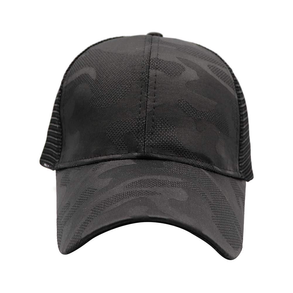 Womens Ponytail Messy High Buns Trucker Ponycaps Plain Baseball Cap Dad Hat Adjustable Snapback (001-2packs(Black camo+Grey camo), One Size)
