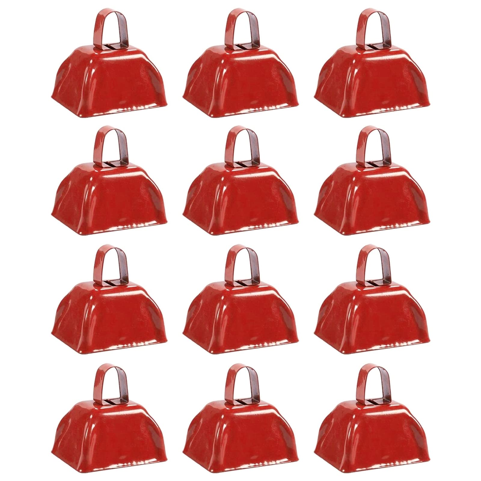 Set of 12 3-inch Cowbells with Handle, Hand Percussion Cow Bells Noise Makers for Sporting Events, Football Games (Red)