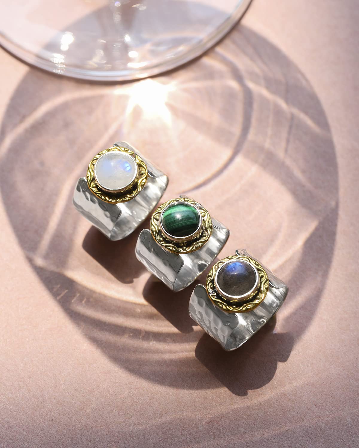 YoTreasure Labradorite Solid 925 Sterling Silver Brass Wide Band Bold Ring