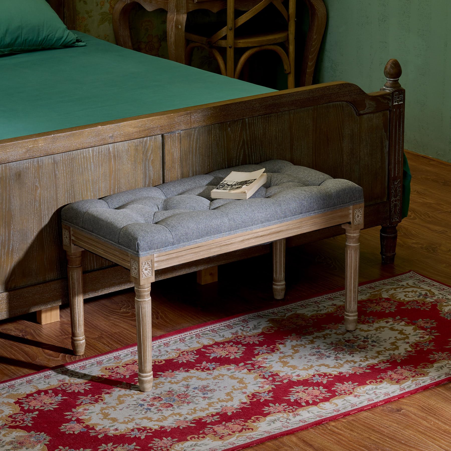 VONLUCE Vintage Bench, 31 in x 16 in, Beige Rubberwood, Button Tufted, with 2 Layer Padding, for Foyers, Entryways, Piano, Dining, Living Room