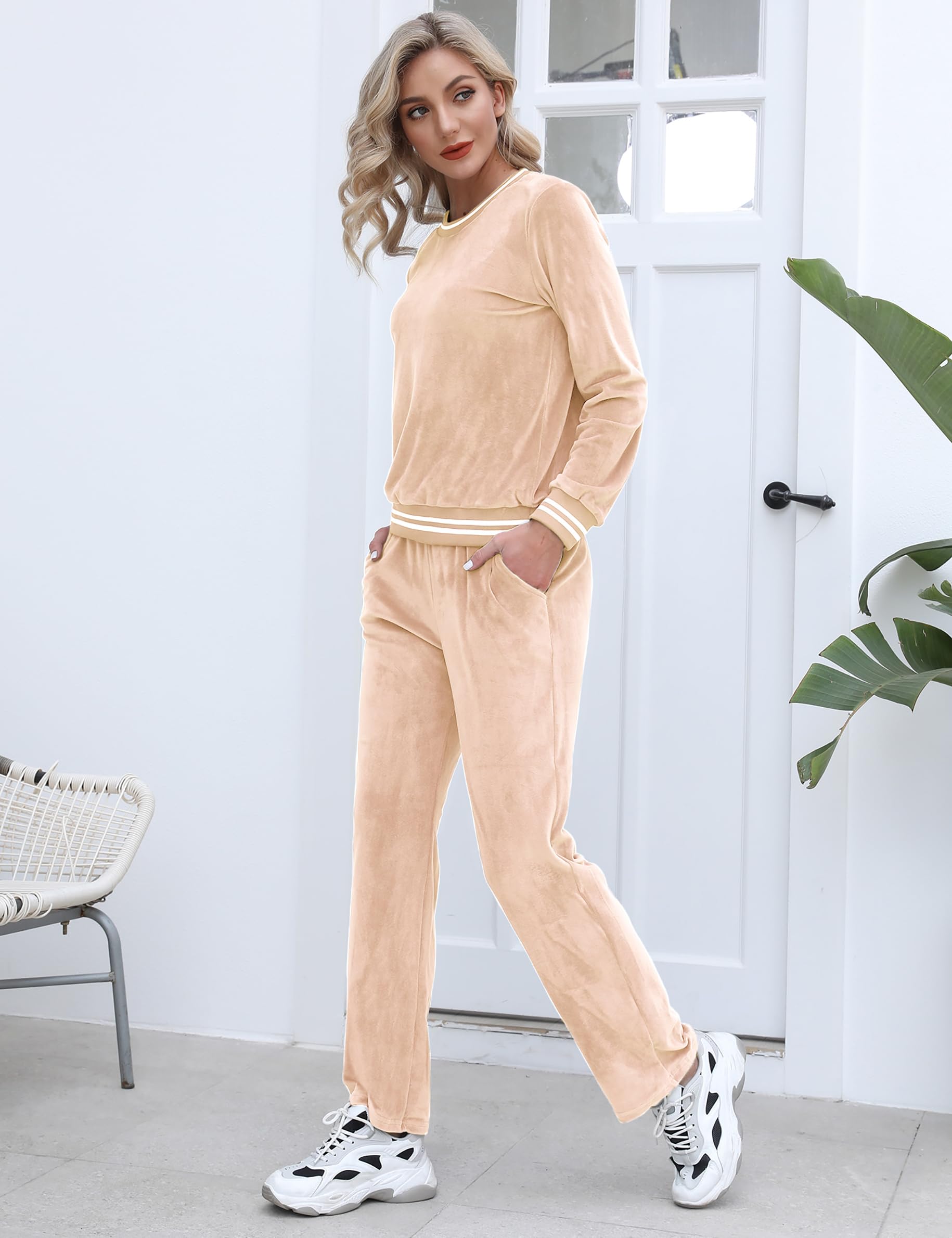 Totatuit Women's Velour Tracksuit 2 Piece Outfits Striped Long Sleeve Pullover and Pants Pajama Lounge Jogger Sets with Pocket