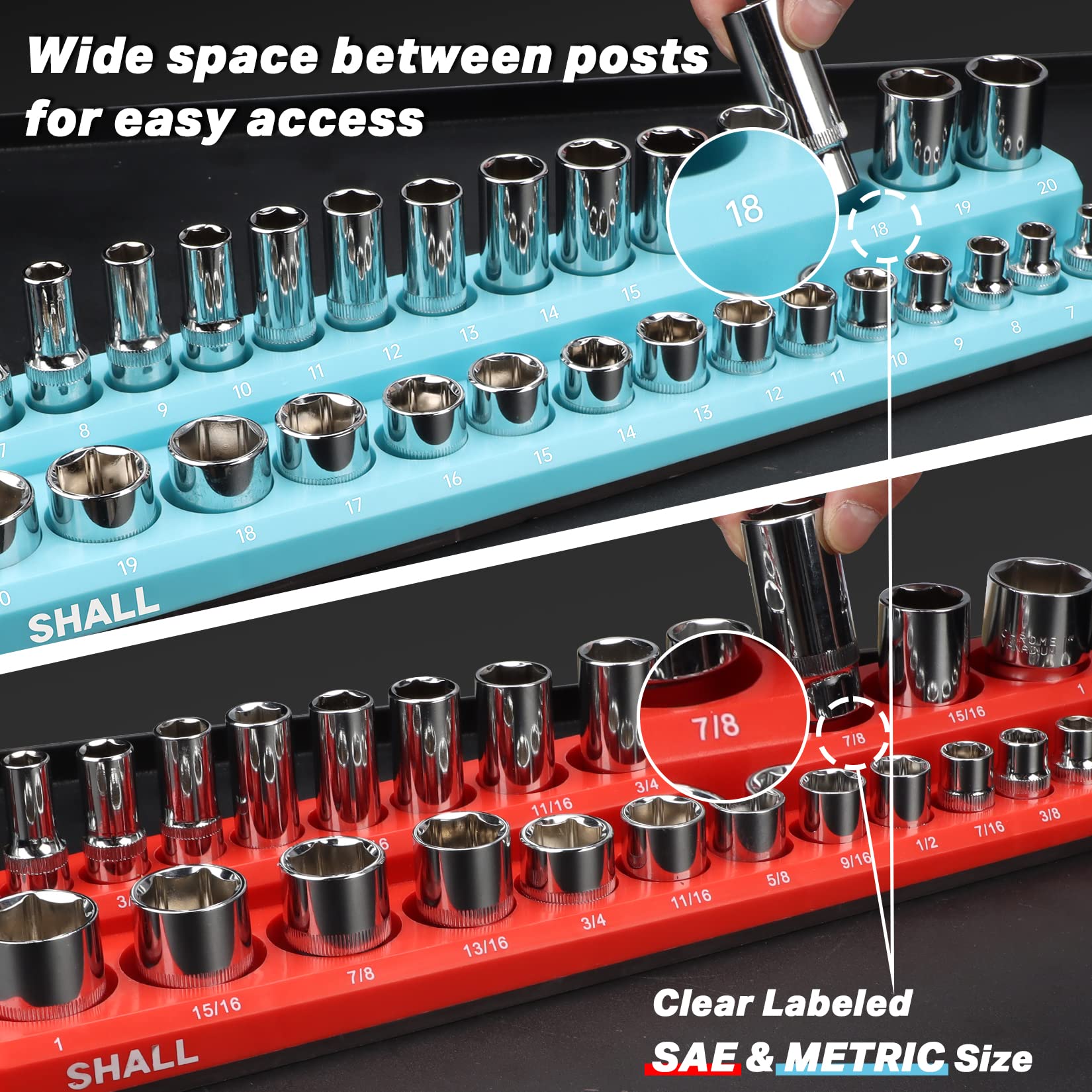 SHALL 3/8 Inch Magnetic Socket Organizer Set, 2-Piece SAE & Metric Socket Holders, Socket Tool Tray Storage Holds 56 Standard Sockets for Toolbox, Tool Carts, Drawers (Sockets Not Included)