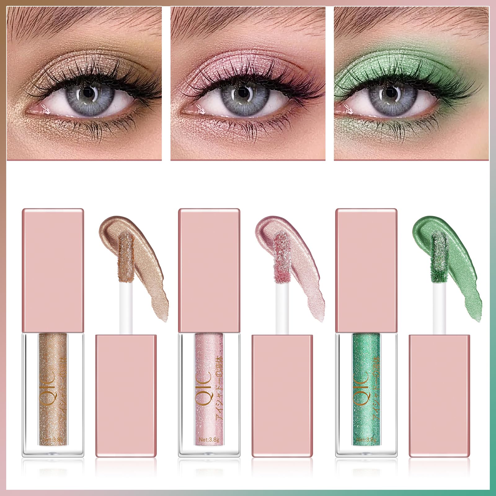 SOYUB Liquid Metallic Eyeshadow Makeup Set, Shimmer Sparkle Glow Colors Pencil Stick, One-Swipe Coverage, Stardust/Dream Powder/Diamond Green, 0.128 Fl Oz, Pack of 3