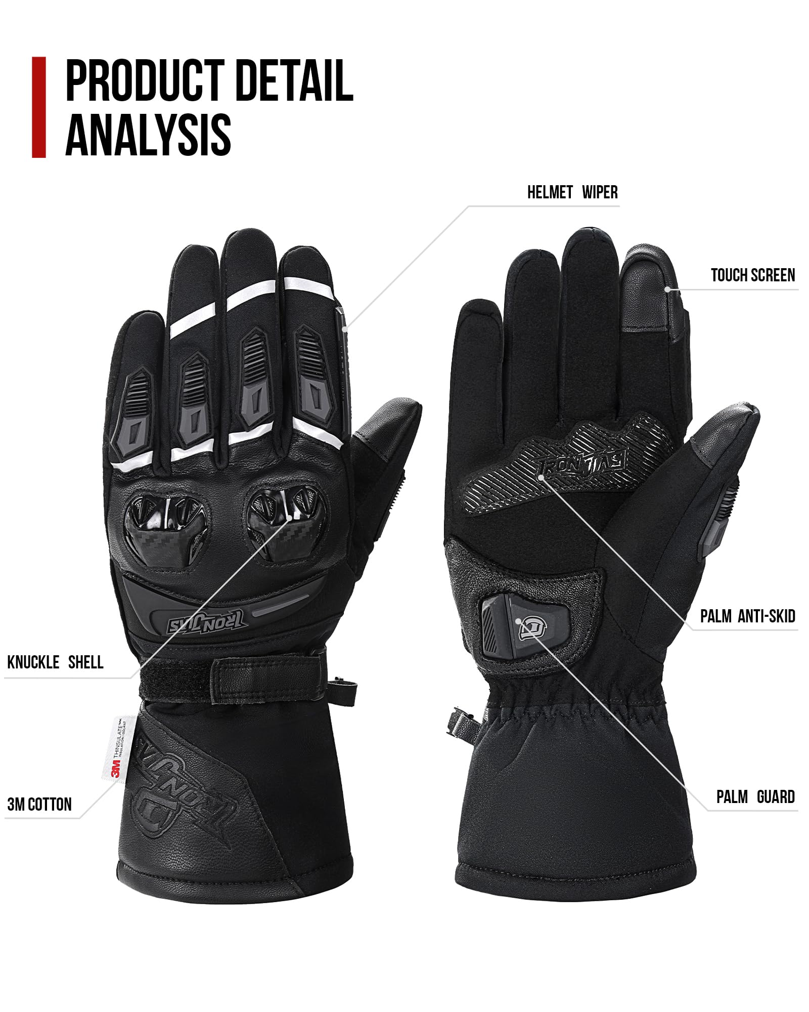 Winter Motorcycle Gloves Waterproof Windproof Warmth-Preserving Protective Gloves for Men and Women’s Cold Weather Riding (Black-regular, L)