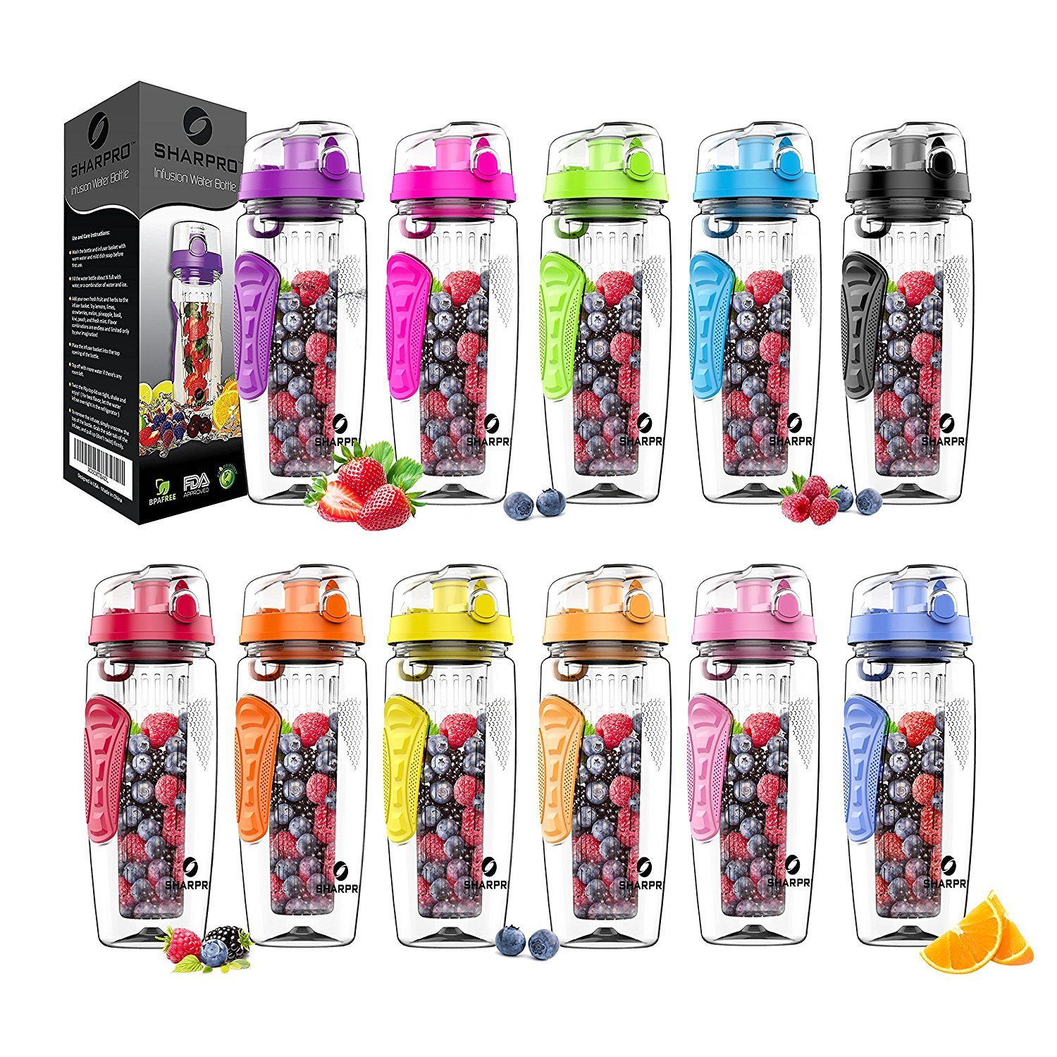 Sharpro 32 oz. Infuser Water Bottles With Sleeve - Featuring a Full Length Infusion Rod, Flip Top Lid, Dual Hand Grips With Cleaning Brush (Ocean Blue)