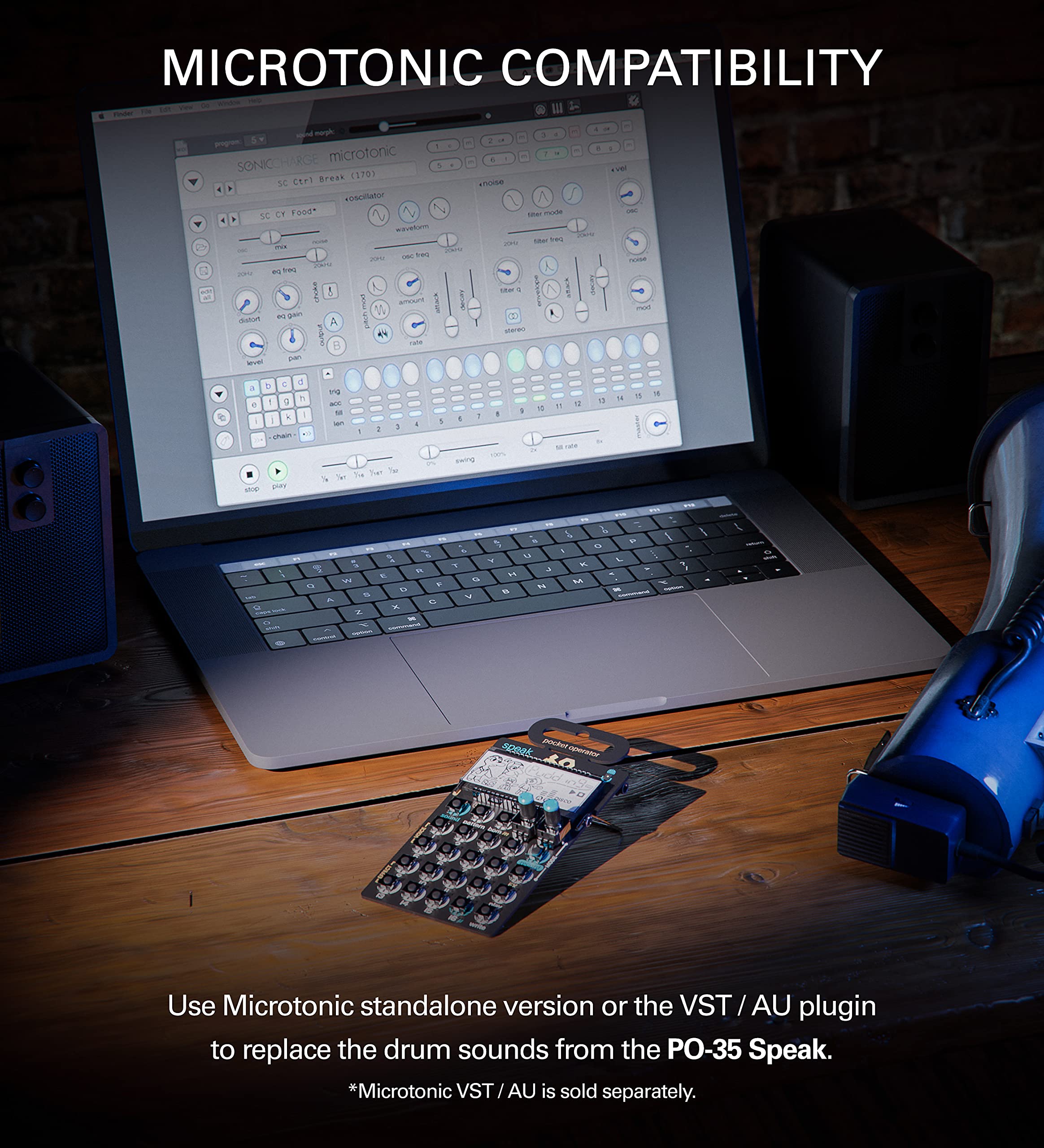 teen age engineering PO-35 Pocket Operator Speak Vocal Sampler/Sequencer Bundle with Samson SR350 Over-Ear Stereo Headphones, Blucoil 3-Pack of 7" Audio Aux Cables, and 4 AAA Batteries