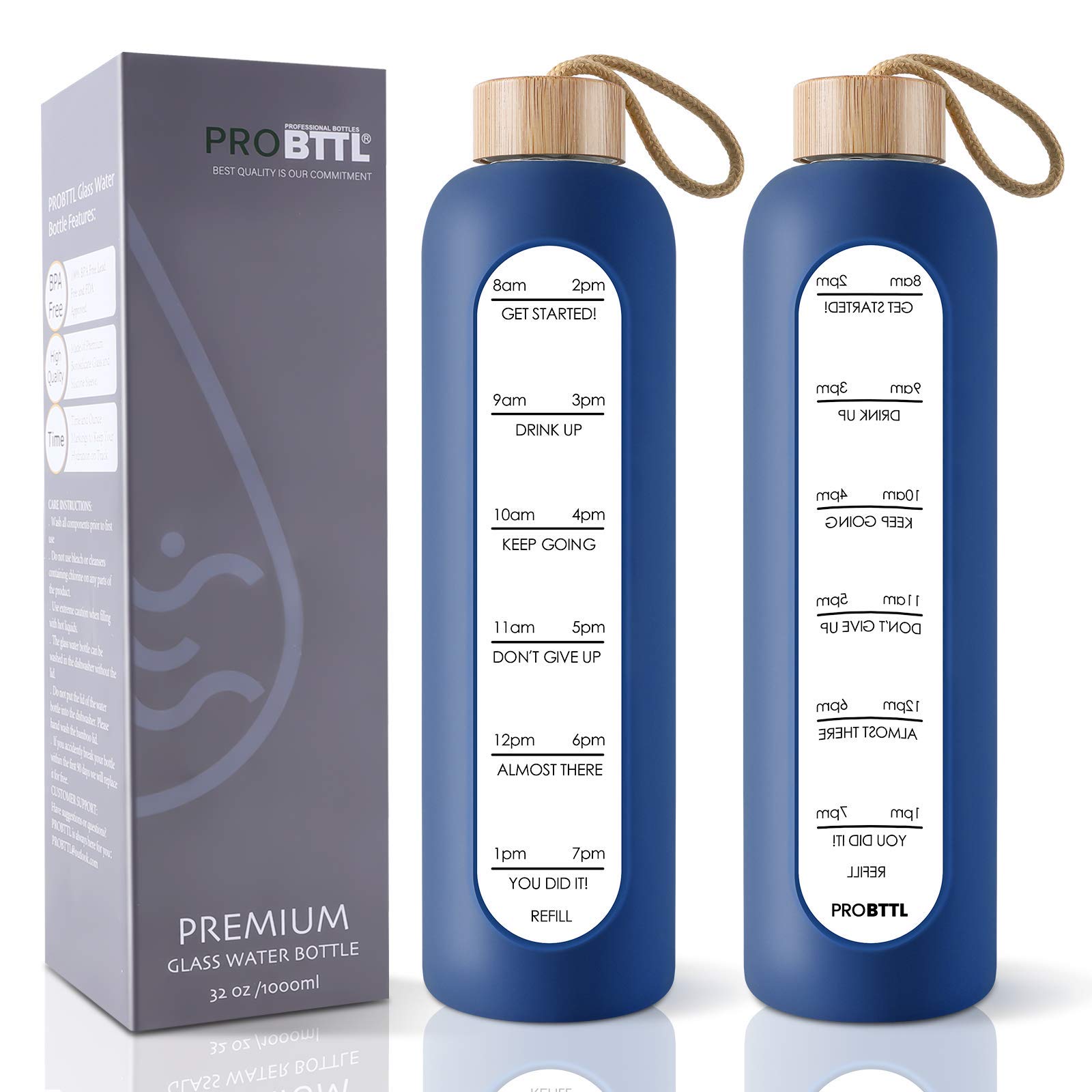 PROBTTL 32 Oz Borosilicate Glass Water Bottle with Time Marker Reminder Quotes, Leak Proof Reusable BPA Free Motivational Water Bottles with Silicone Sleeve and Bamboo Lid