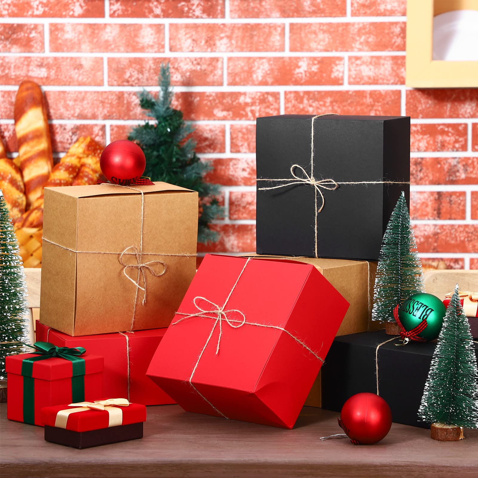 Spiareal 12 Pcs Gift Boxes with Lids Kraft Boxes Christmas Boxes Gift Wrap Boxes with Twine for Xmas Wedding(Black, Gold, Silver, 8 x 8 x 4 Inch)