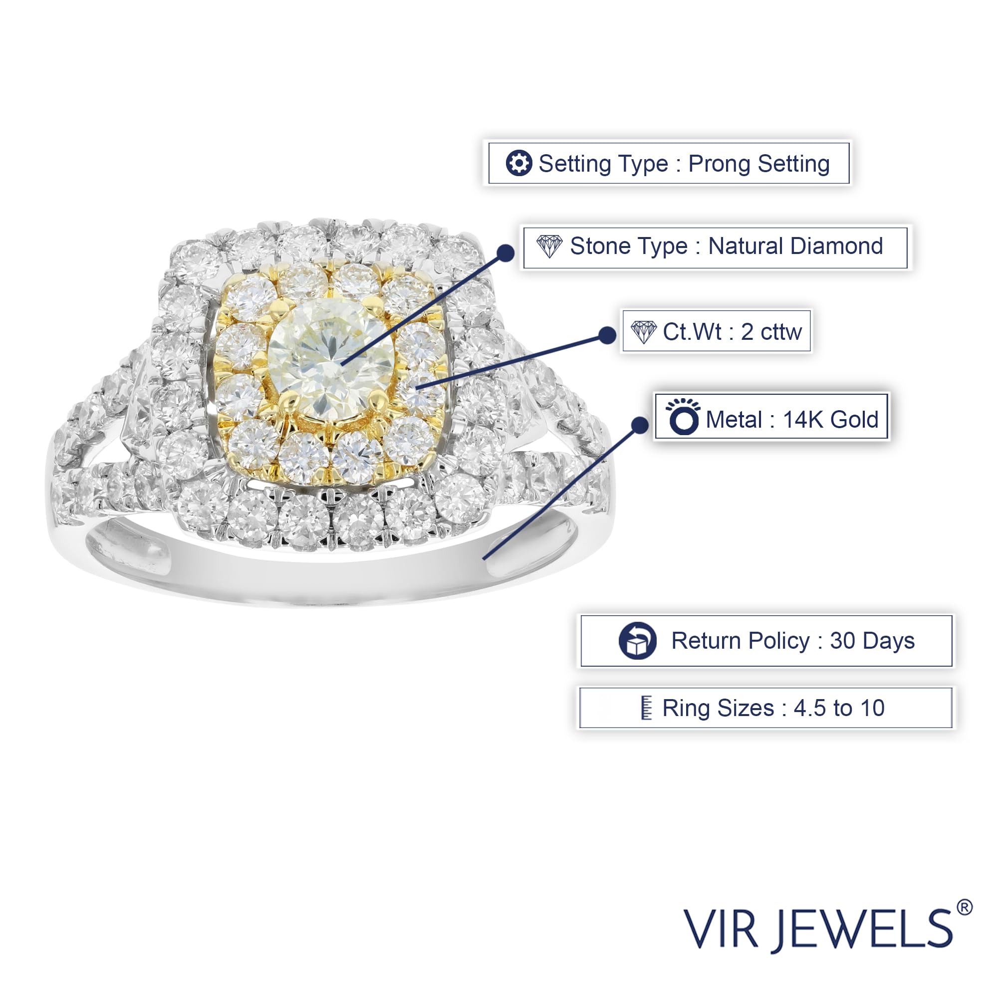 Vir Jewels 2 cttw Diamond Wedding Engagement Ring Set 14K Two Tone Gold Bridal Set Cushion Size 7