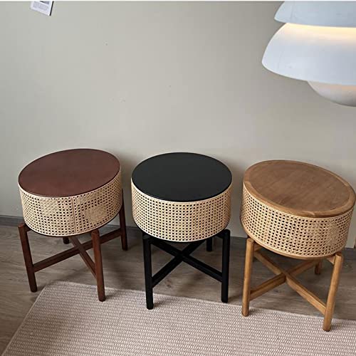 Sofa Side Table Couch Table Solid Wood Round End Table with Rattan Storage Basket, Rustic Side Table Sofa Side Table,Small Round Nightstand,Small Coffee Table for Living Room Bedroom End Table Coffee