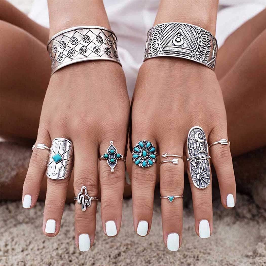 Yean Boho Ring Set Silver Statement Rings Joint Knuckle Ring Set Midi Stacking Rings for Women and Girls(Pack of 9) (Boho) (Boho)