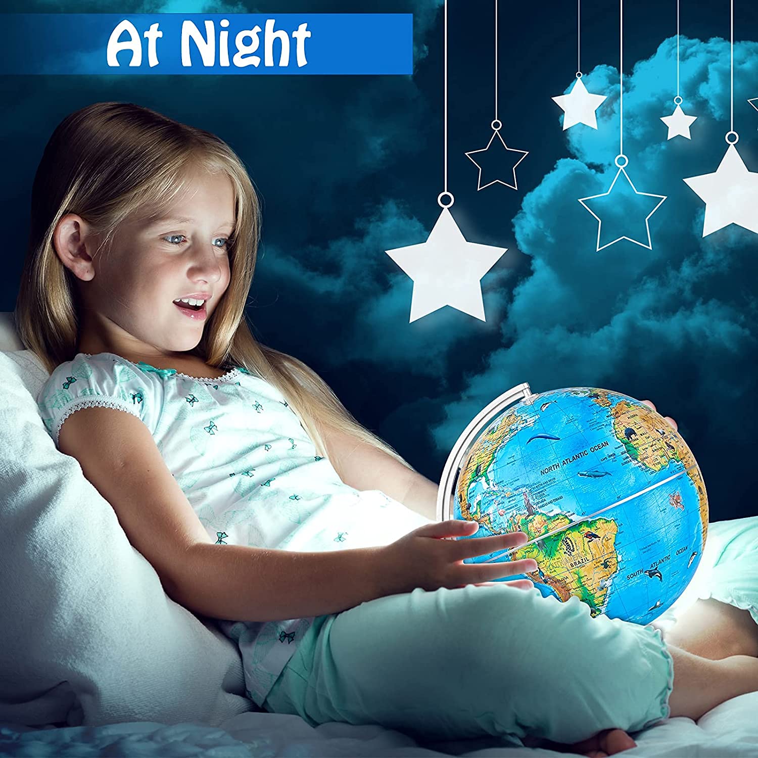 Wizdar Illuminated Globe with Stand World Globe for Kids Learning with LED Night Light 3 in 1 Interactive Globes with Animal Pattern Light up Earth Globe Decoration for Home, Desk, Classroom-8 Inch