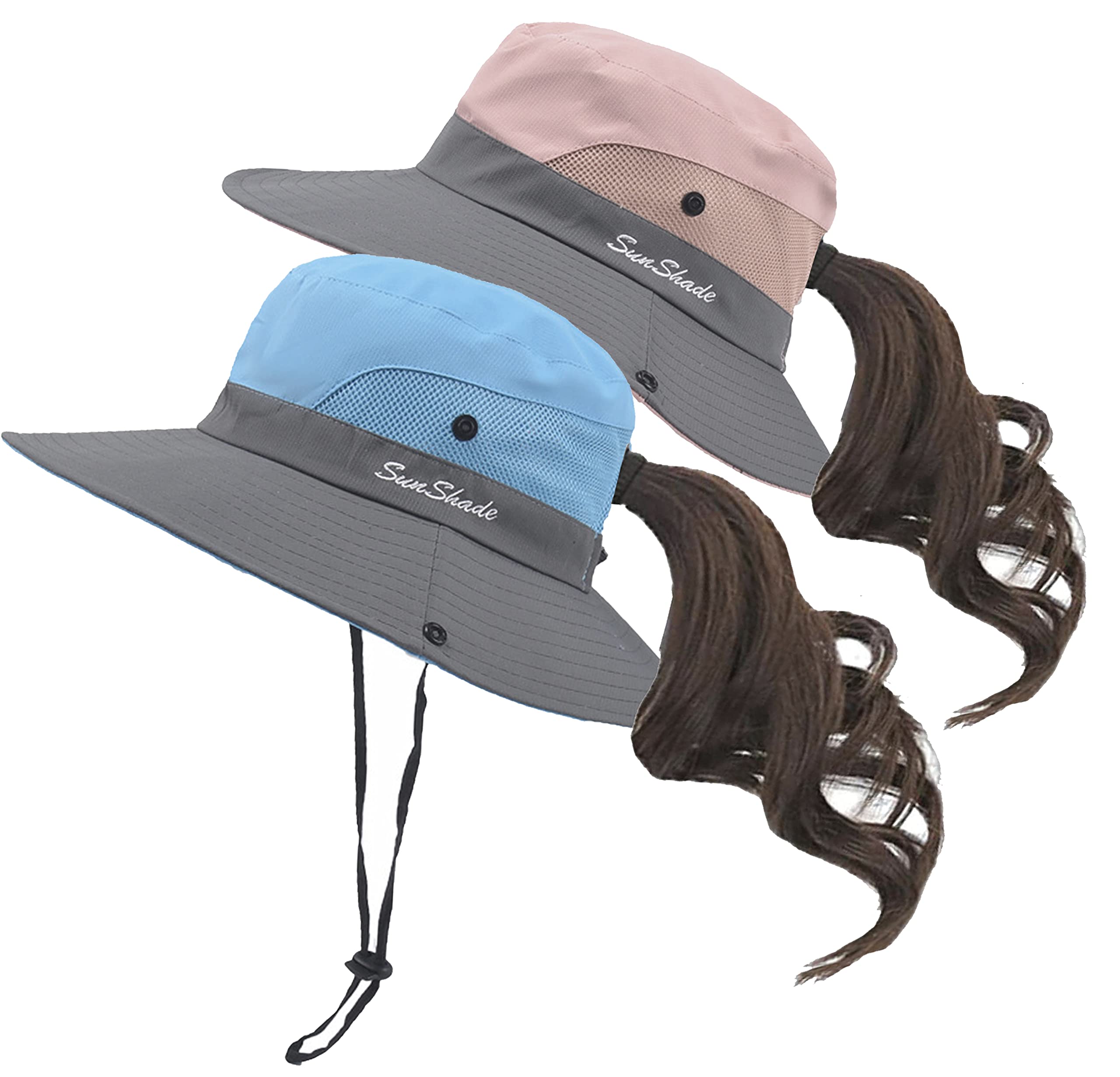 Womens Ponytail Sun Hats with UV Protection Wide Brim Mesh Ponytail Hole Bun Bucket Hat(2pcs Pink+Black