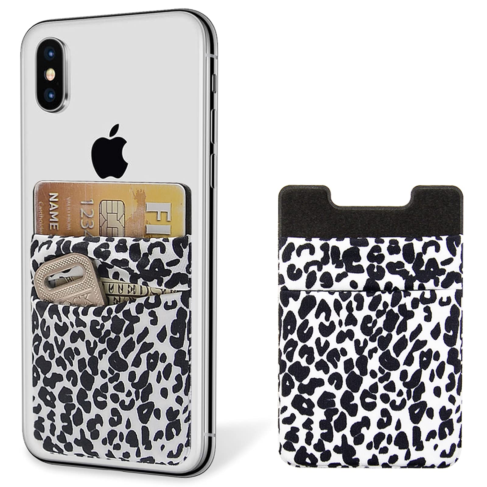 SHANSHUI Phone Wallet, 2 Pack Lycra Phone Card Holder Stick On Wallet Card Holder Pocket Compatible for iPhone, Android and All Smartphones-White Cheetah