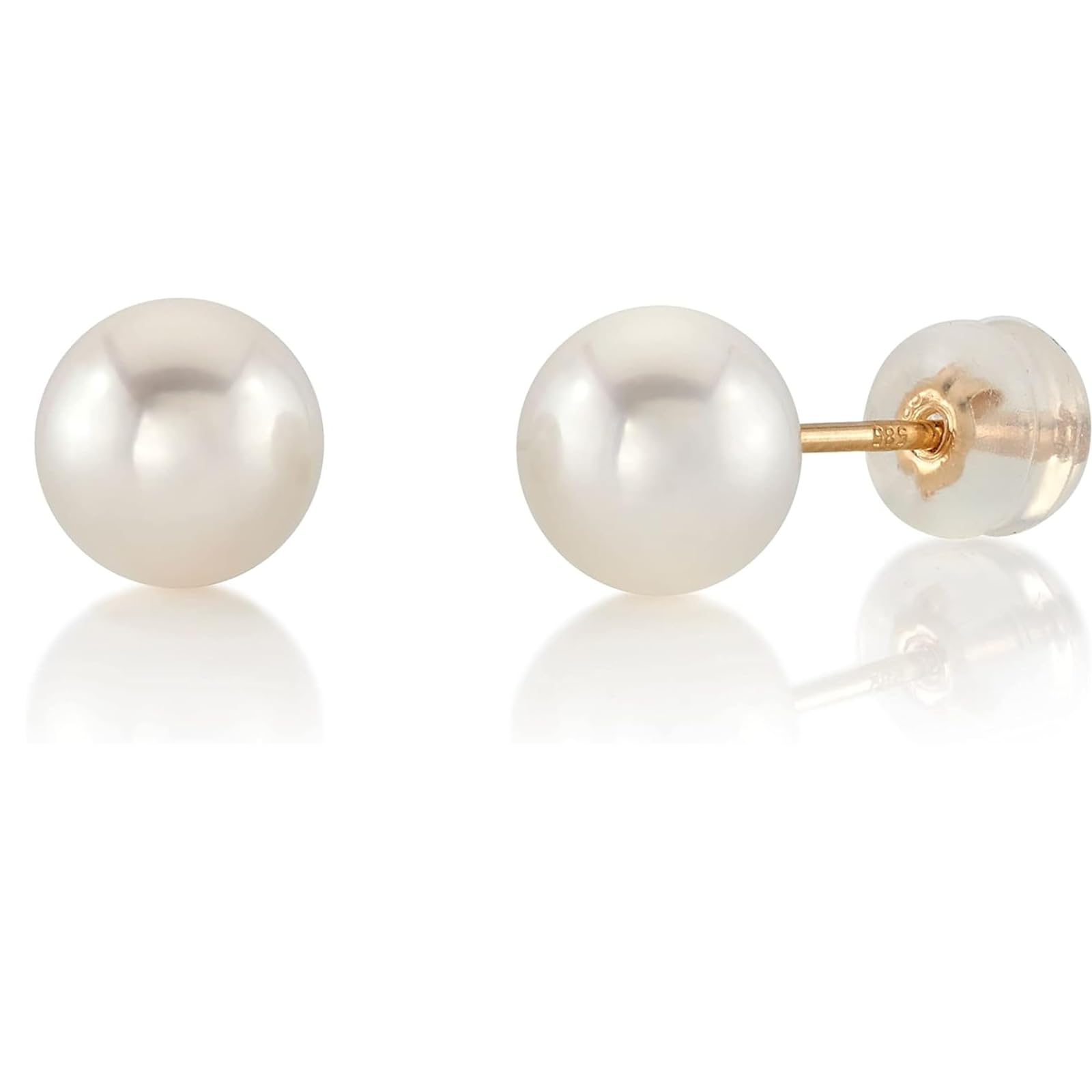 THE PEARL SOURCE Round White Freshwater Real Pearl Earrings for Women - 14k Gold Stud Earrings | Hypoallergenic Earrings with Genuine Cultured Pearls, 9.0-9.5mm