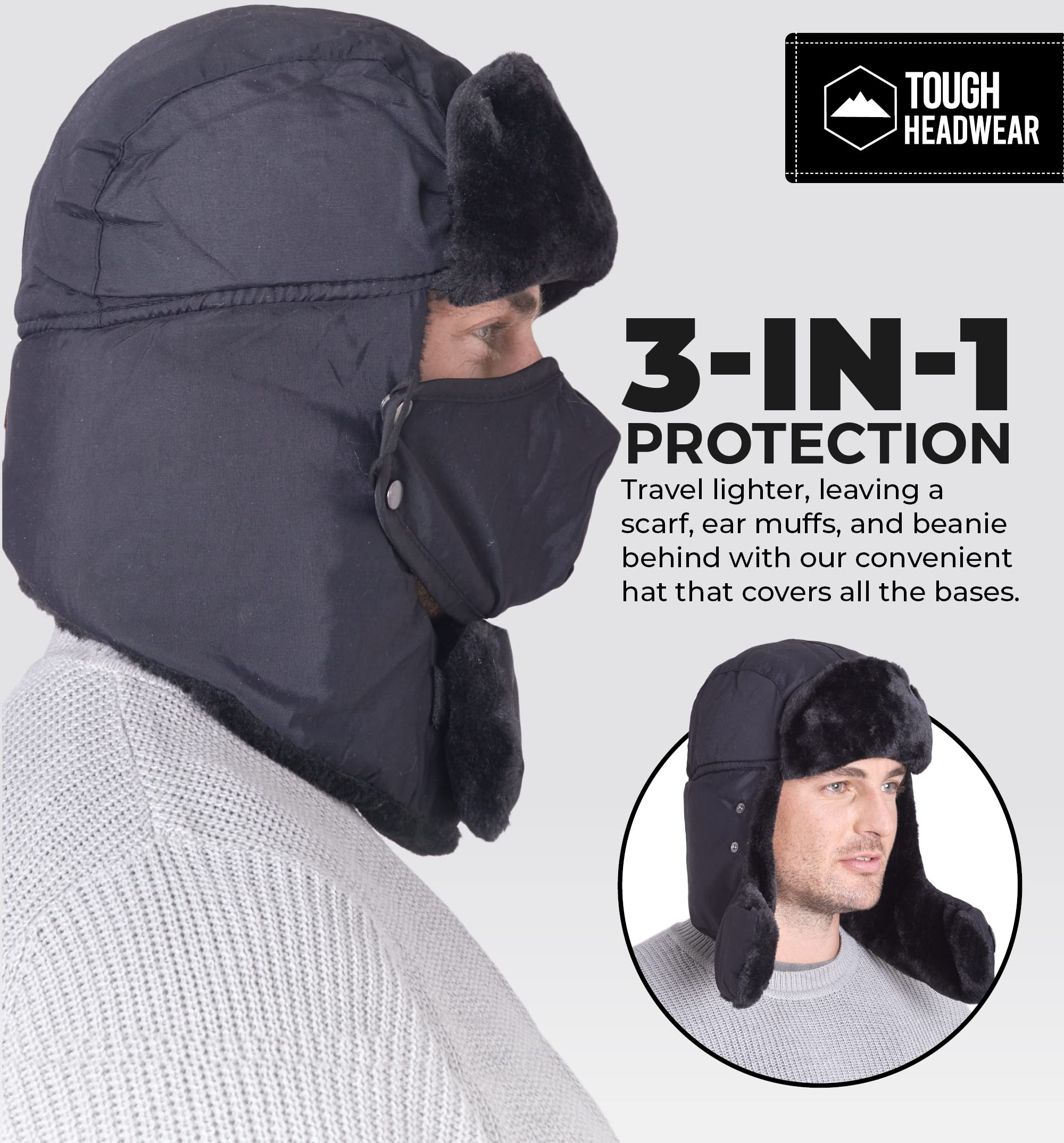 Tough Headwear Winter Trapper Hat with Mask - Russian Ushanka Trooper Aviator Hats for Men & Women -Snow Eskimo Hat with Ear Flaps for Cold - Full Black