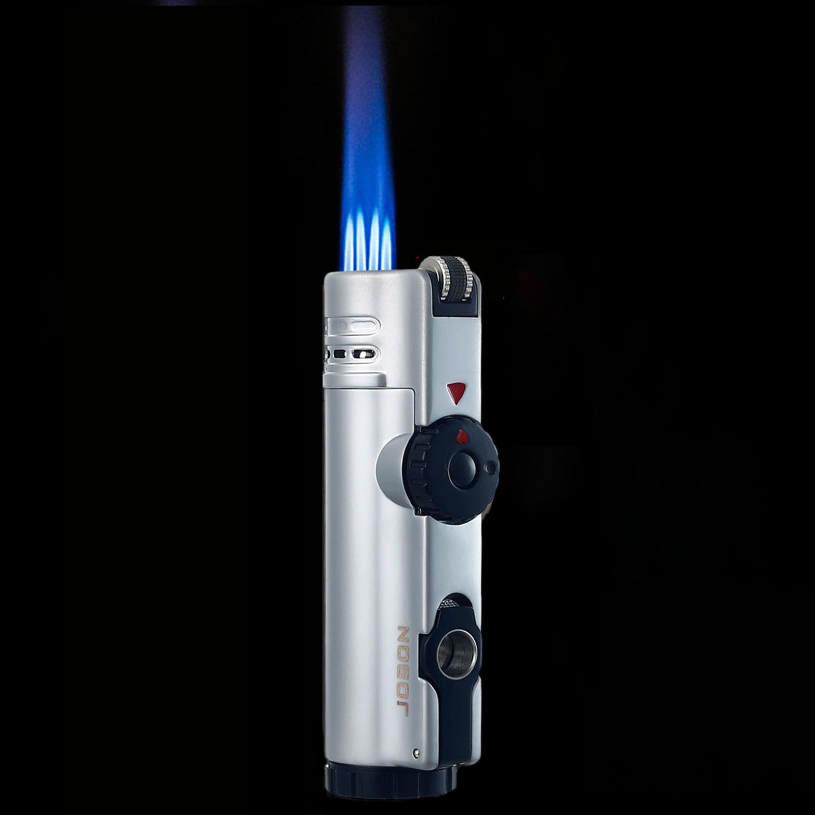 RobinCath Jet Flame Torch Lighter with Punch, Pocket Lighter with Fluid View Window Refillable Butane Lighter Adjustable Flame Windproof Lighter (Butane Gas Not Included) (Silver