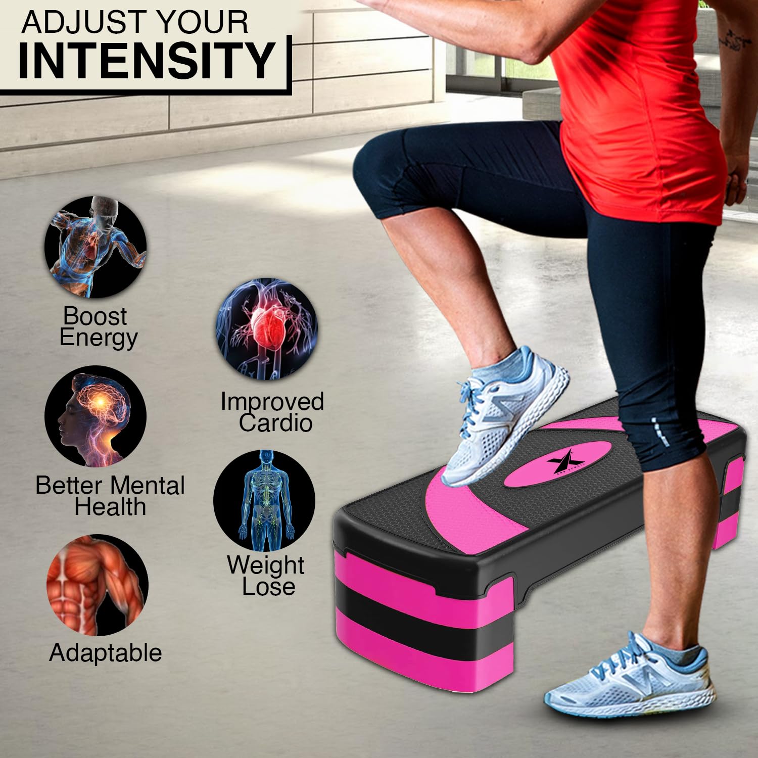XN8 Aerobic Stepper for Exercise 3 Levels Adjustable Height 4" 6" & 8" Inch Exercise Step Platform Non Slip Step Board for Workout Home Gym Cardio Strength & Training | 31" Length x 12" Width (Inches)