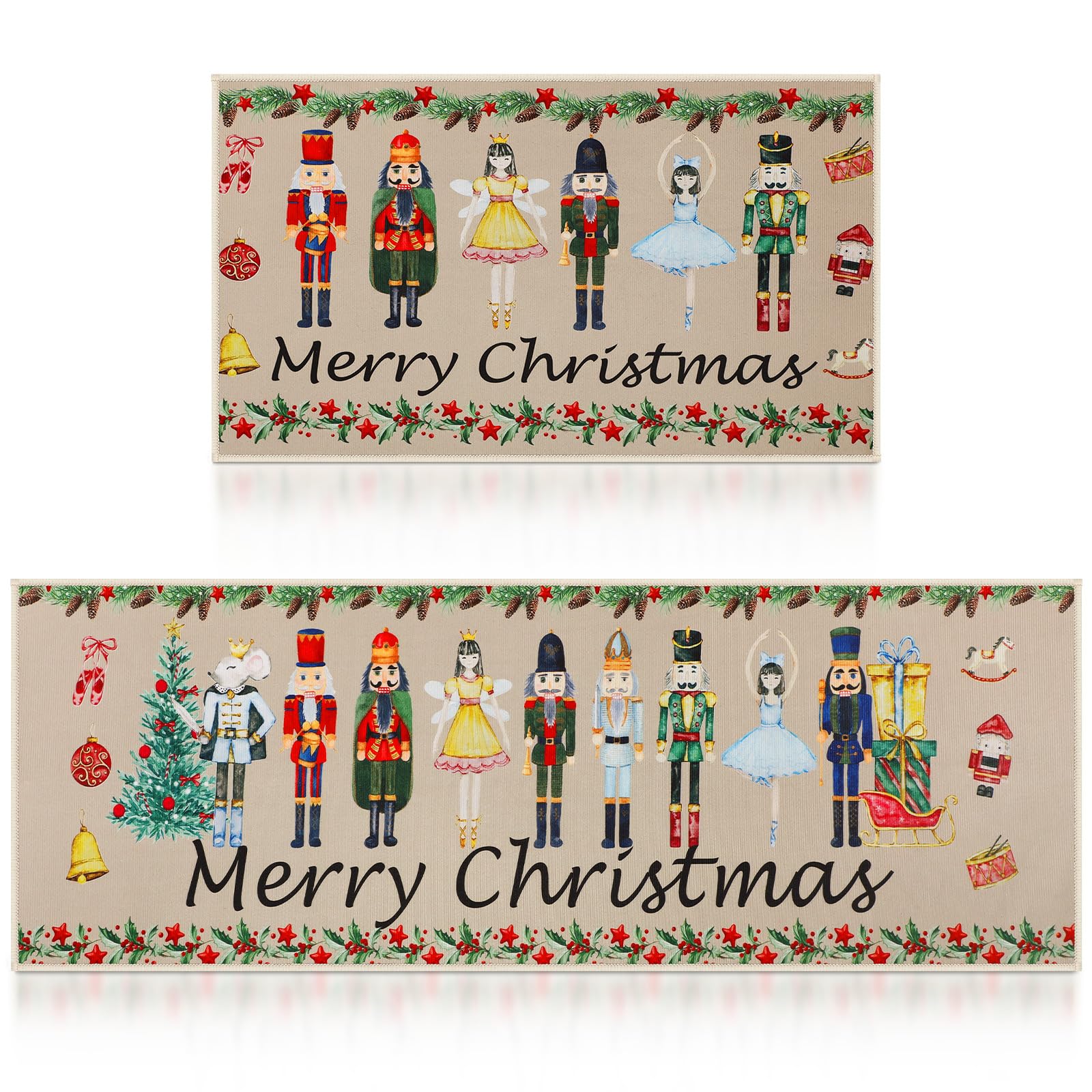 Tinideya 2 Pcs Christmas Nutcrackers Merry Christmas Decorative Kitchen Mats Watercolor Holiday Doormat Outdoor Non Slip Kitchen Rugs for Outdoor Floor Bathroom Holiday, 17 x 29 Inch and 17 x 47 Inch