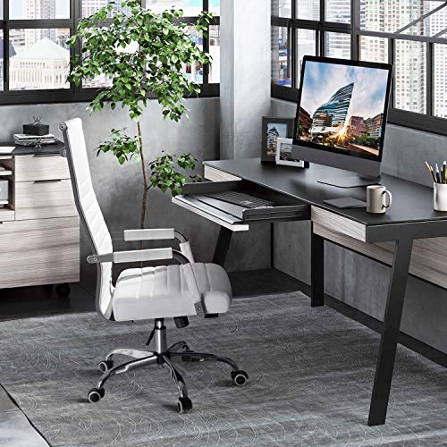 Tuoze Office Chair High Back Leather Desk Chair Modern Executive Ribbed Chairs Height Adjustable Conference Task Chair with Arms (White)