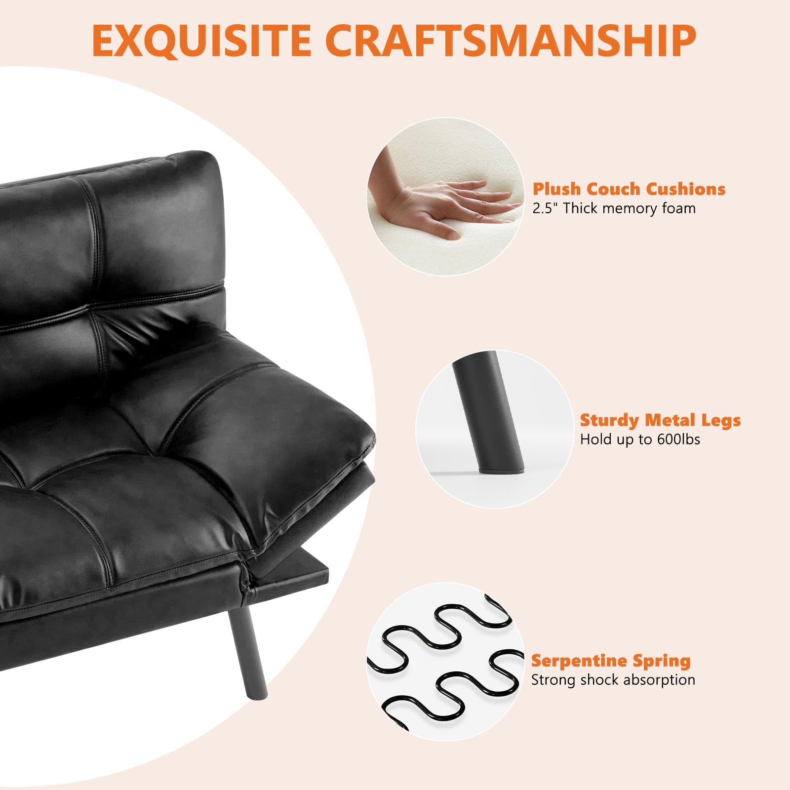 Sweetcrispy Futon Sofa Bed Sofá Cama para Sala Futon Couch Bed Sofas Sleeper, Modern Convertible Faux Leather Futon for Living Room, Small Loveseat for Apartment Office, Folding Adjustable Recliner