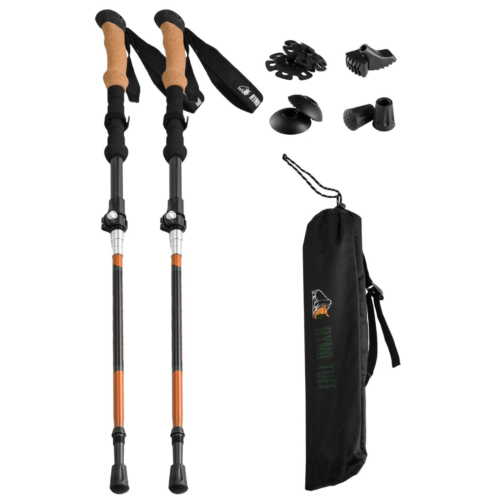 Ryno Tuff Trekking Poles, Fits Inside A Backpack, Durable 7075 Aluminum Hiking Pole with Natural Cork Handles and EVA Grips, Ultralight, Expandable, Collapsible and Foldable, Set of 2 Walking Sticks