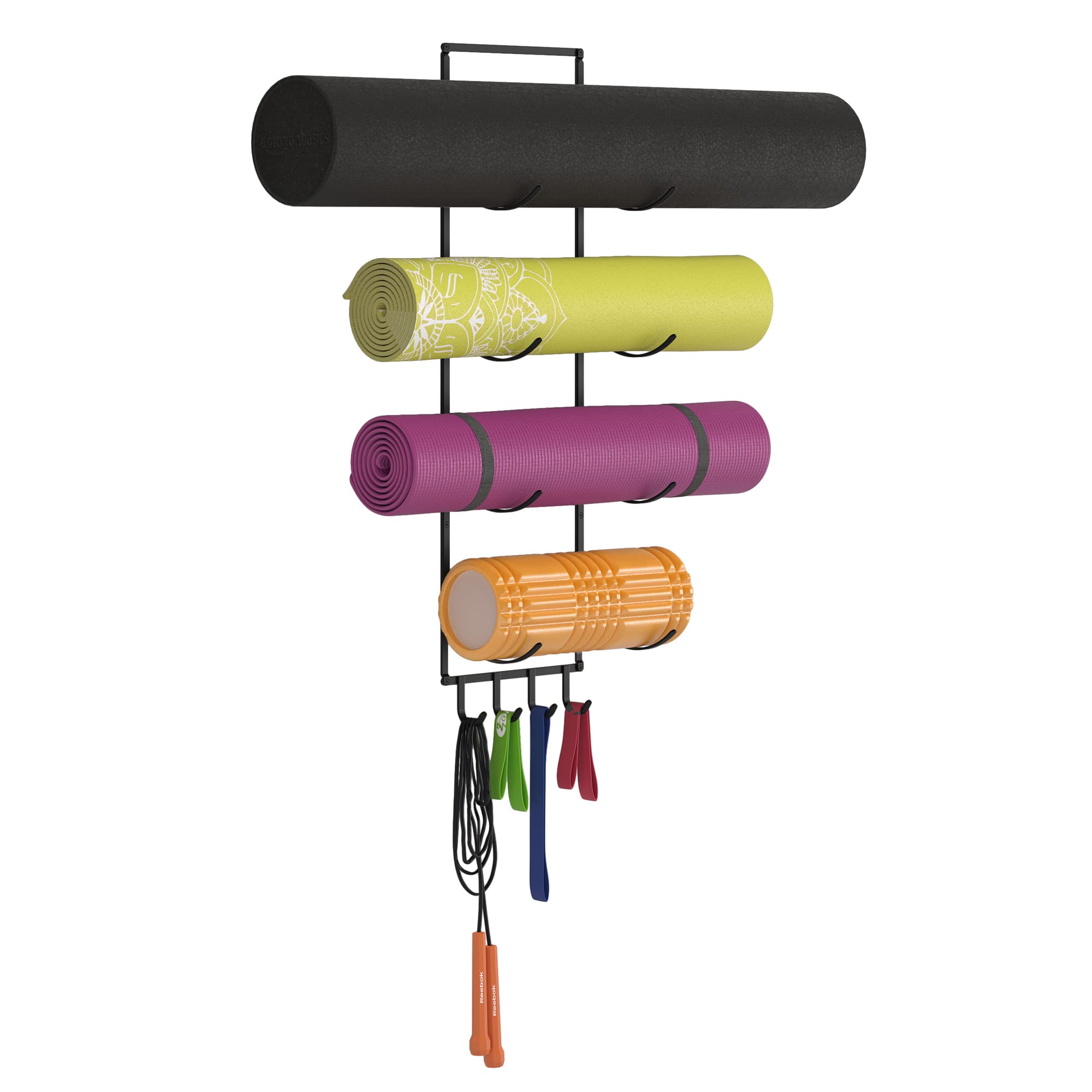 You Have Space Tulum Yoga Mat Holder, Wall Storage Rack for Foam Roller Set, Yoga Mats, Towel Rack with 4 S Hooks, 4 Sectional, Metal, Black, Gray