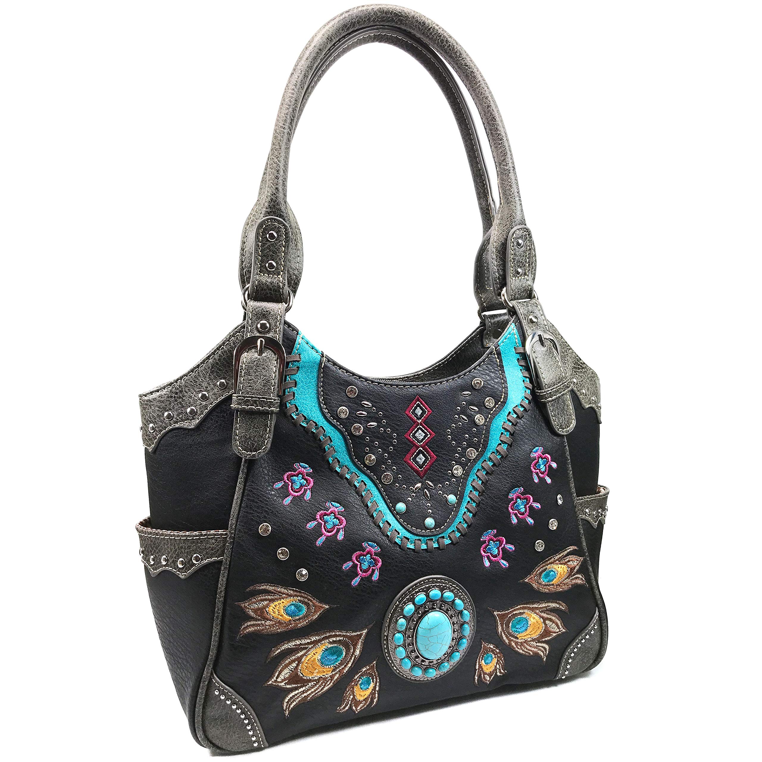 Zelris Turquoise Stone Concho Peacock Feather Women Conceal Carry Tote Purse Bag (Beige)