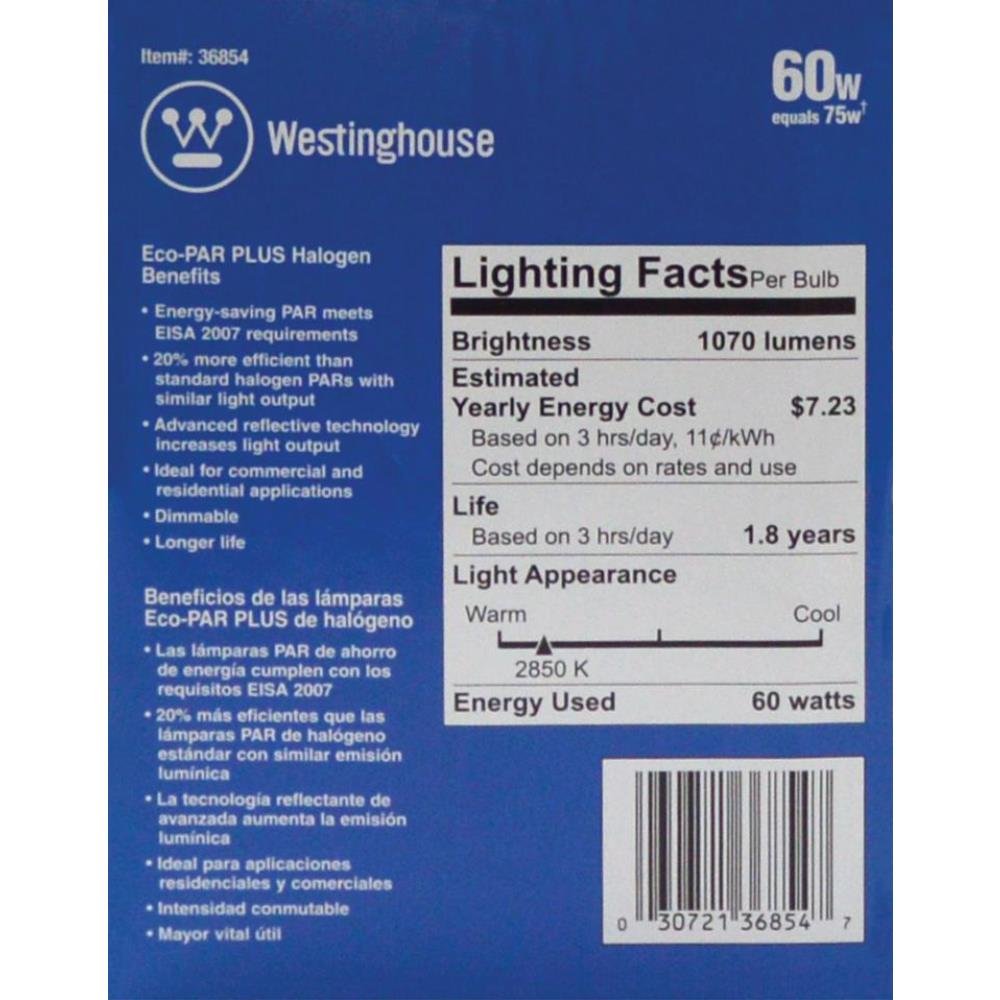 Westinghouse 3685400 60 Watt PAR20 Eco-PAR Plus Long Neck Halogen Flood Reflector Clear Light Bulb with, 2 Count (Pack of 1)