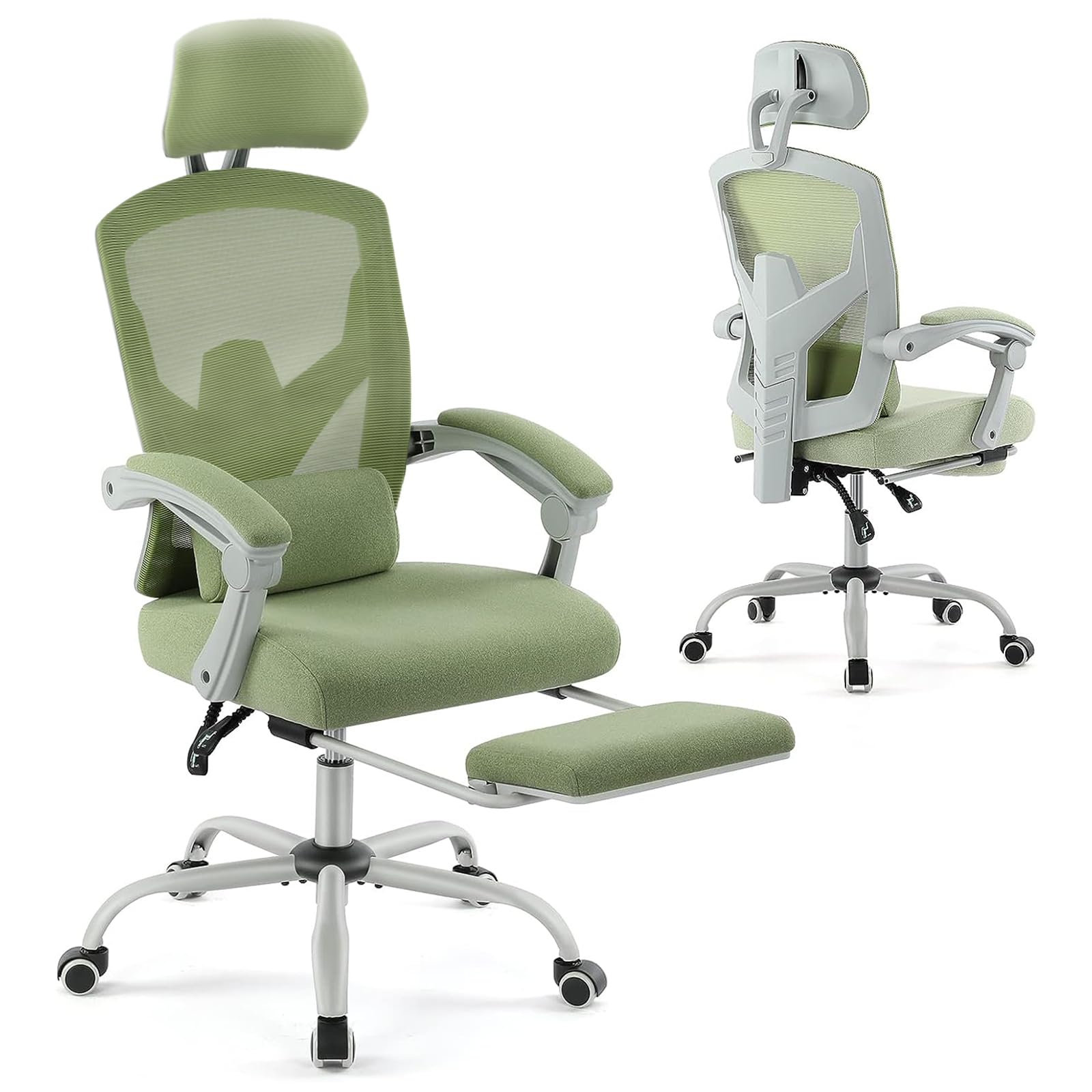 Sweetcrispy Office Computer Desk Chair, Mesh Rolling Work Swivel Ergonomic High-Back Chairs with Wheels, Comfortable Lumbar Support, Comfy Arms for Home, Bedroom, Study, Student, Green