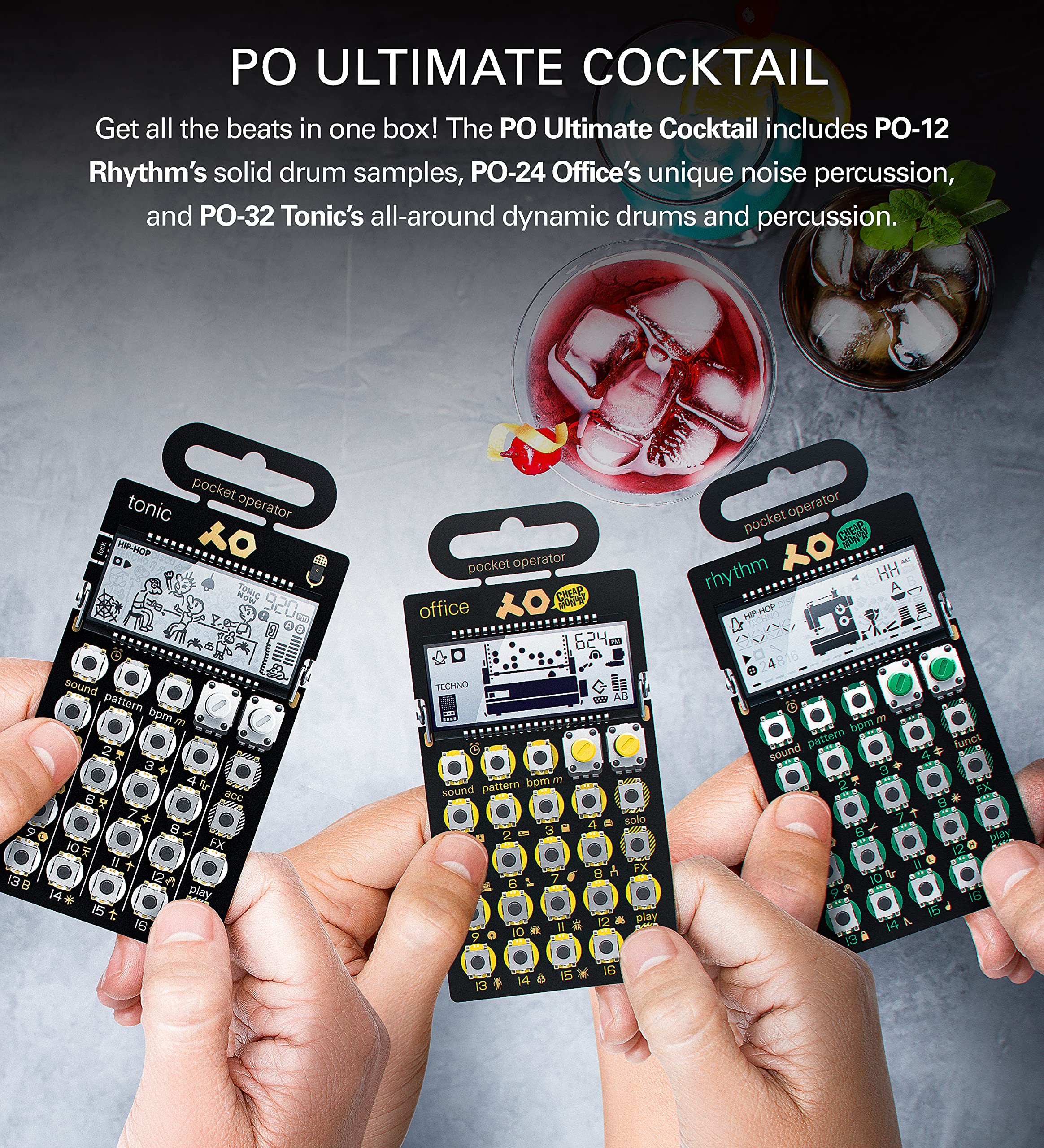 teenage engineering Ultimate PO Cocktail Bundle β 3-in-1 Set of Pocket Operator PO-12 Rhythm, PO-24 Office, and PO-32 Tonic Synthesizers and Sequencers