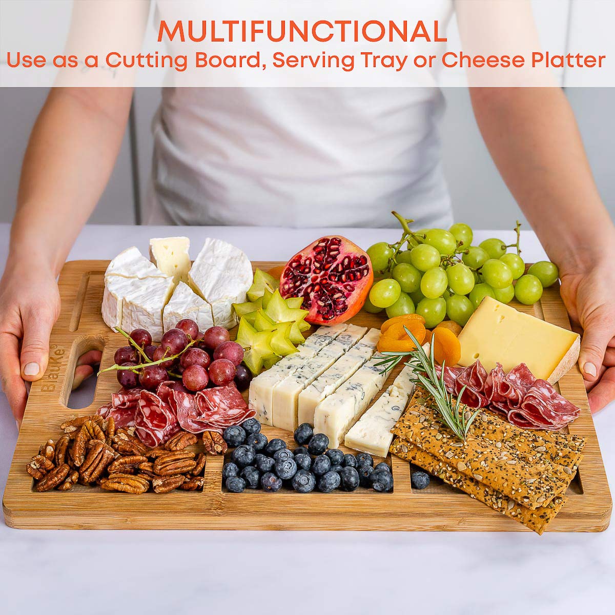 Wood Cutting Board for Kitchen 17x12" – Extra Large Bamboo Cutting Board with Juice Groove, Butcher Block, Wooden Chopping Board, Serving Tray – BlauKe®