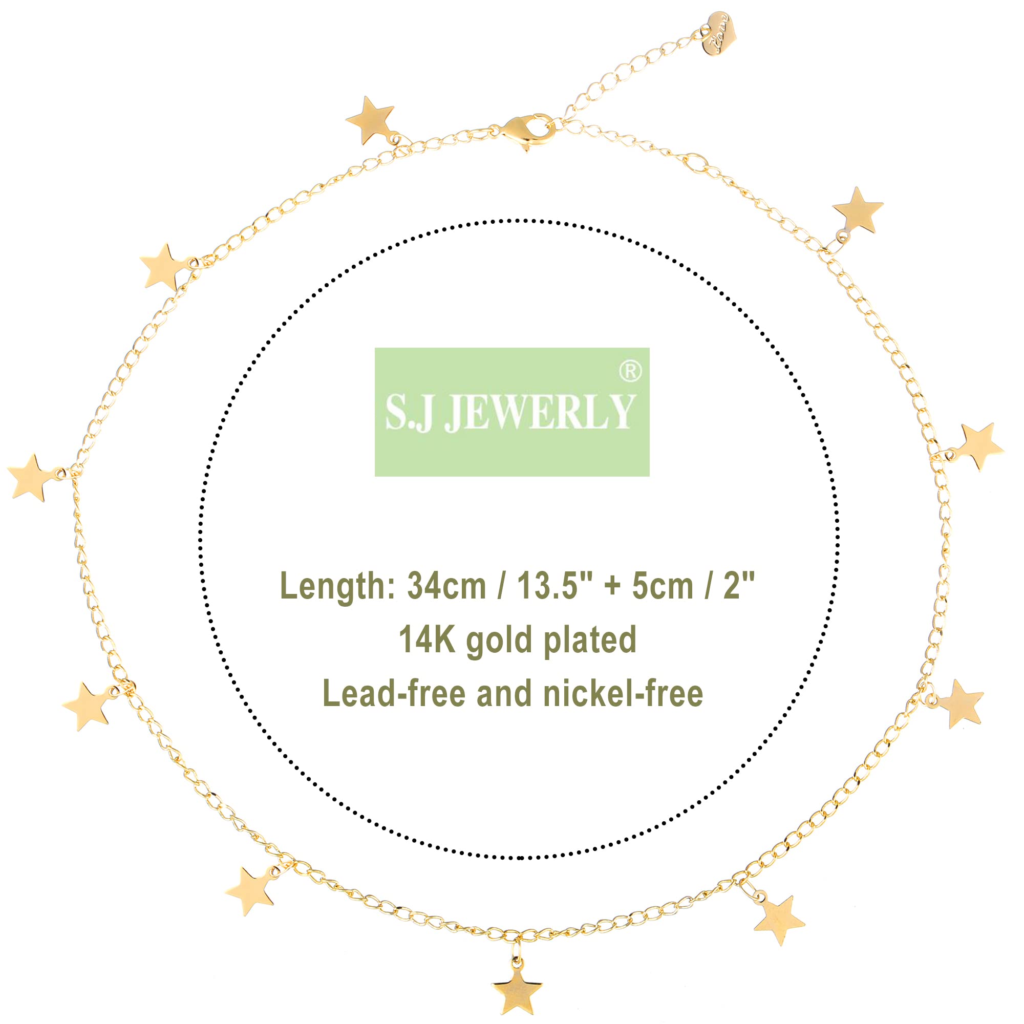 S.J JEWELRY Women Simple Delicate Full Moon 14K Gold Plated/Rose Gold/Silver Plated Layered Pendant Handmade Star Chokers Necklaces CK-Star