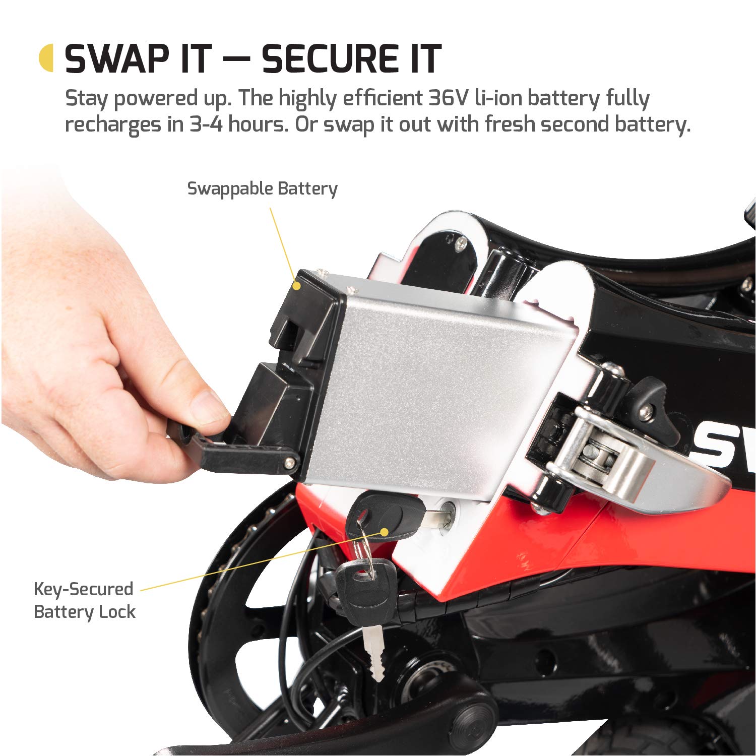 Swagtron Swagcycle EB-7 Elite Folding Electric Bike with Removable Battery and Rear Suspension, Red/Black, 16" Wheels