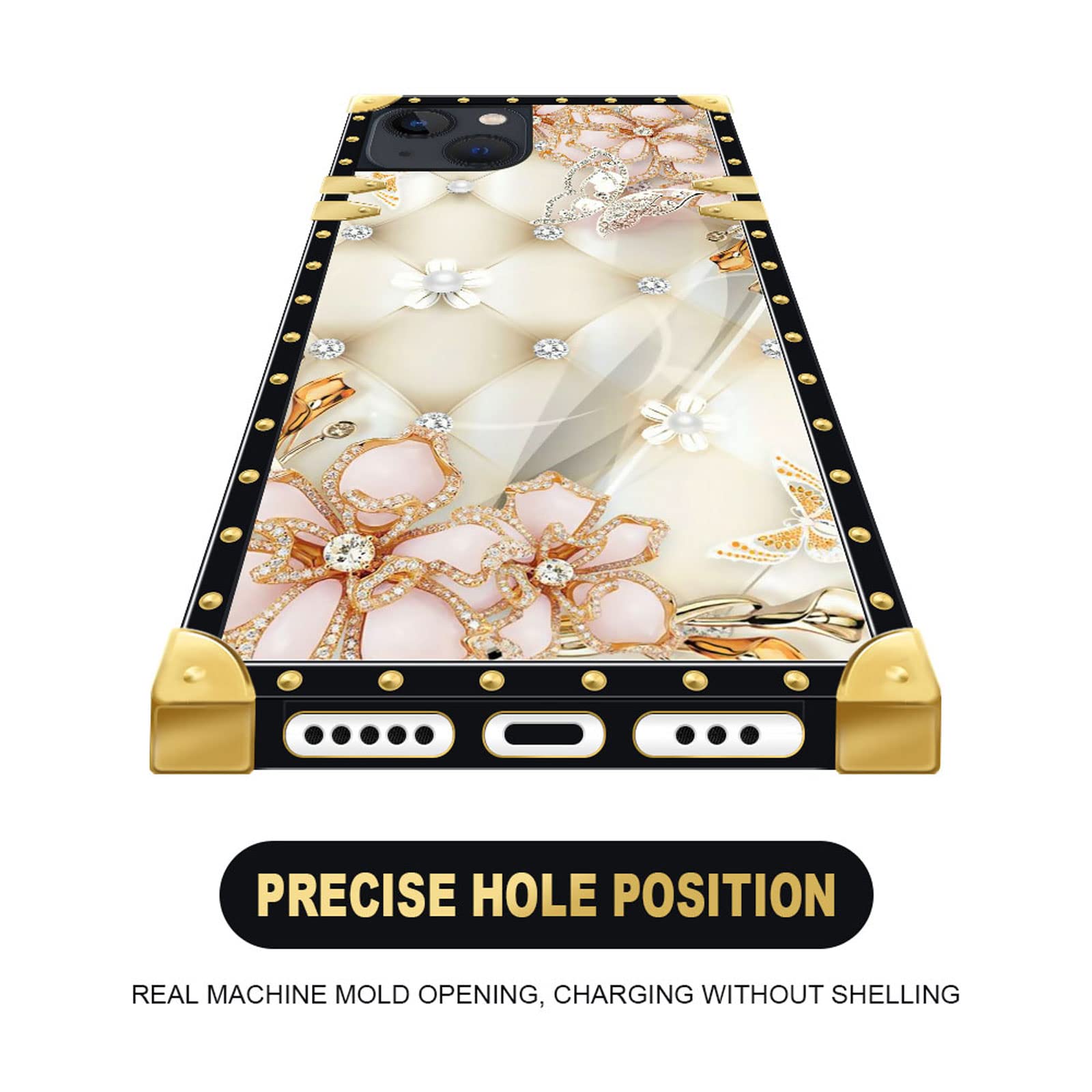 Toulas Case Compatible with iPhone 14 Plus Case,Golden Butterfly Flower Diamond Cases Luxury Gold Decorative Square Soft TPU Anti Scratch Drop Protection Hard PC Back for iPhone 14 Plus