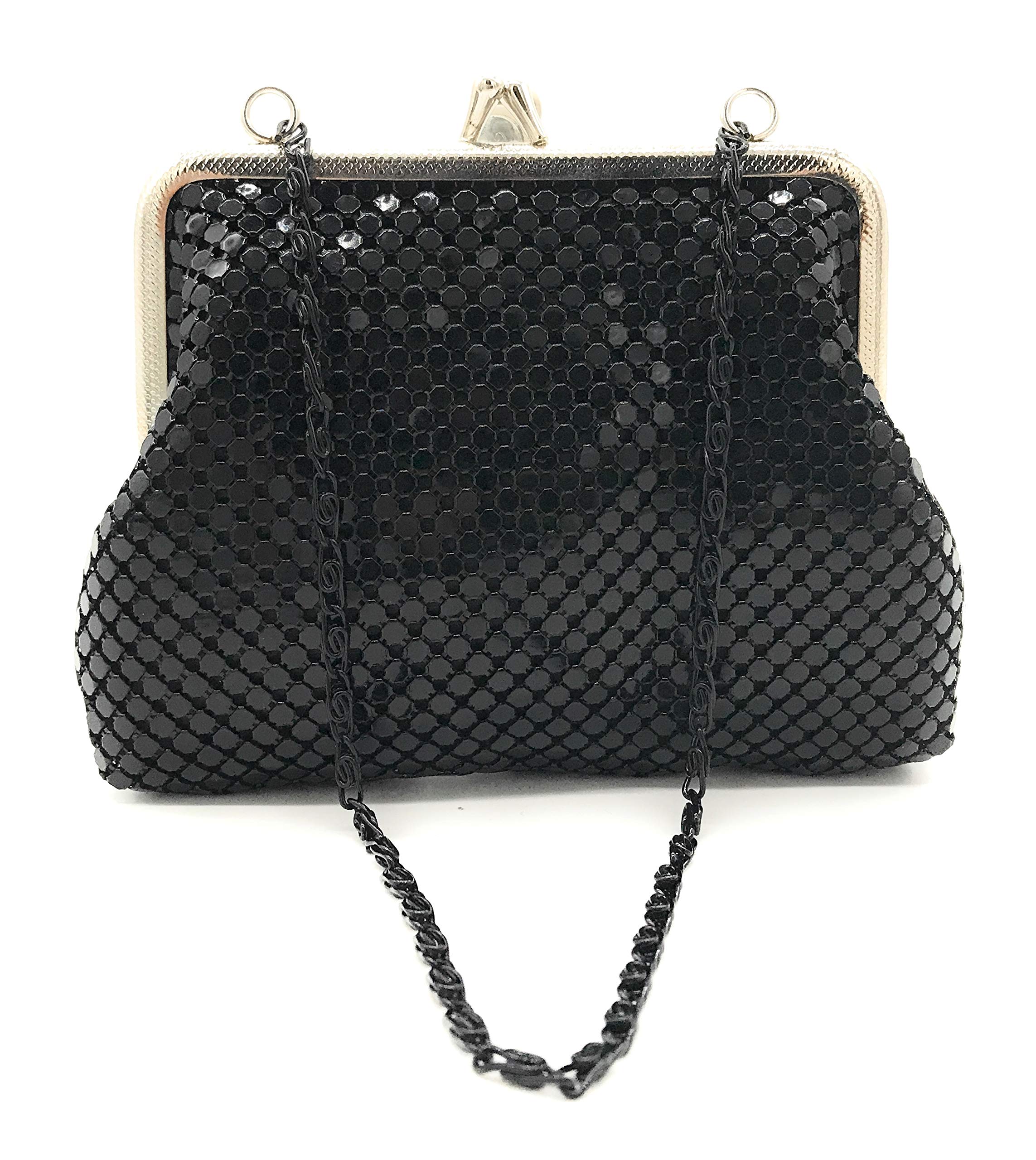X-Small Women clutch metal mesh purse Hand strap carry for Cocktail Party Prom Wedding Banquet (Black)