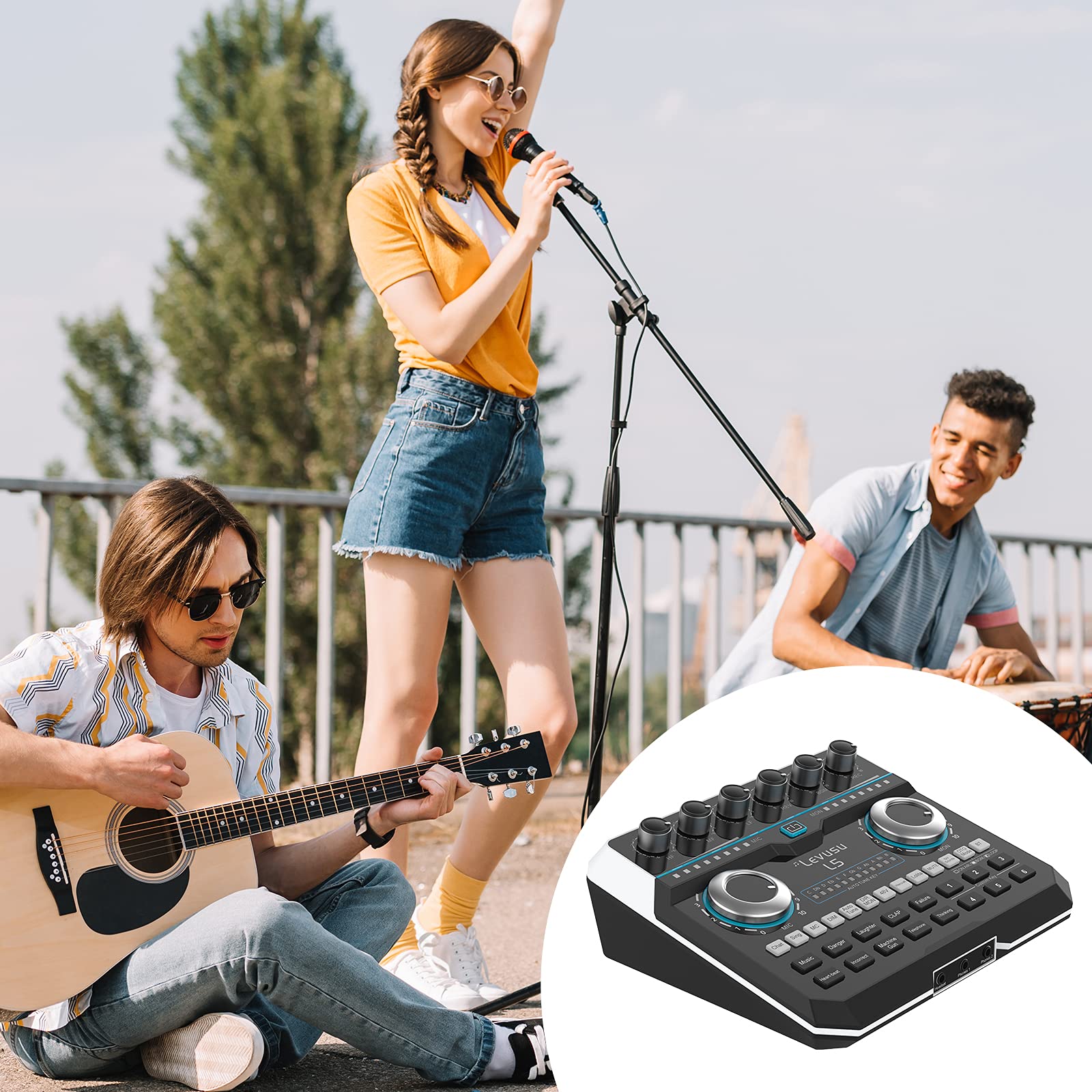 USB Digital Audio Interface with DJ Mixer and Live Sound Card, Karaoke, Auto Tune, XLR, Phantom Power, Protable Podcast Studio Equipment for Guitar, Live Streaming, PC, Recording and Gaming (L5)