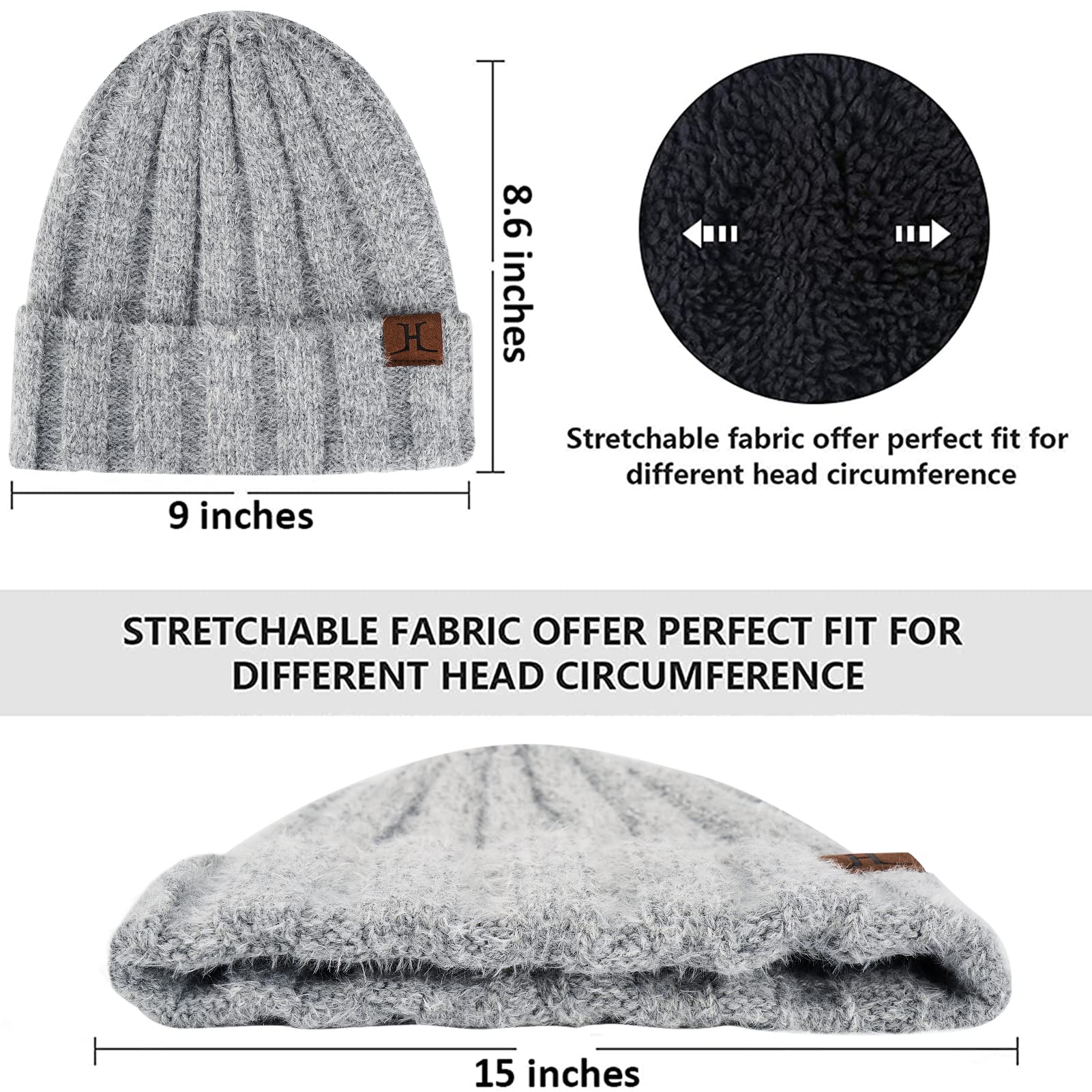 Womens Winter Warm Knit Beanie Hat Touchscreen Gloves Set with Fleece Lined Skull Cap Gloves Set for Women