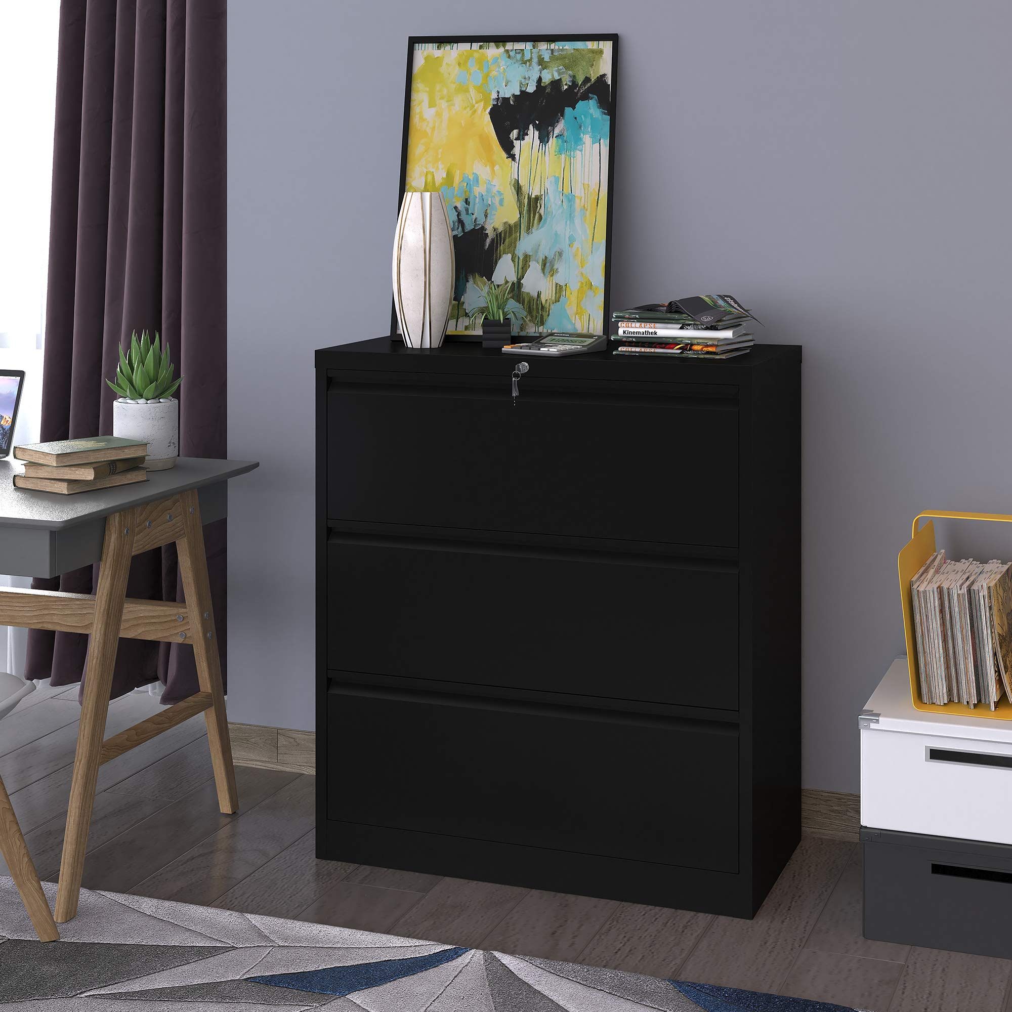 YITAHOME 2 Drawer Lateral File Cabinet, Stainless Steel Wide Lateral File Cabinet with Lock, Metal Filing Storage Cabinet for Legal/Letter A4 Size, Assembly Required,Office Organizer (Black)